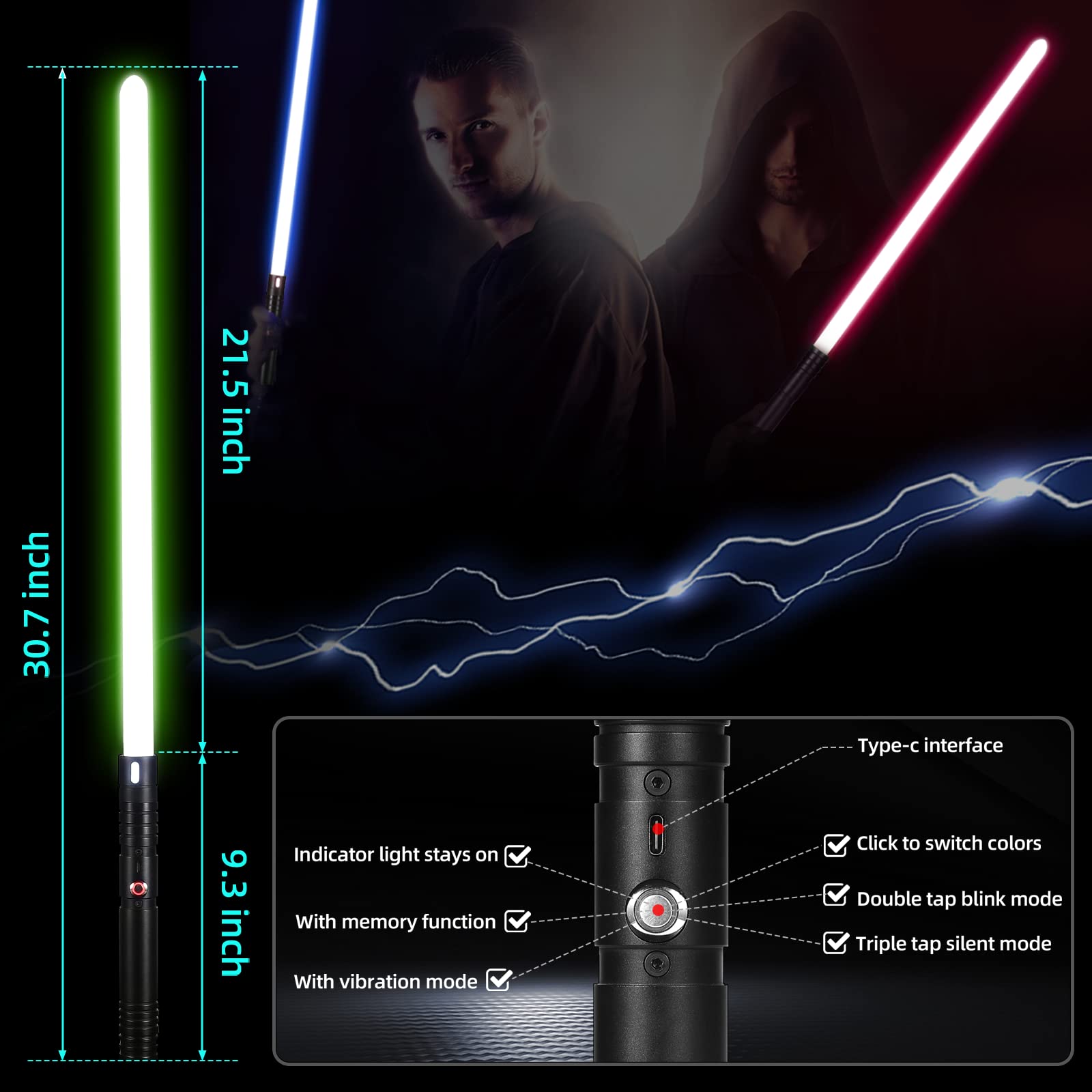 Oomyeh 2Pack FX Dueling Lightsaber Battle Sounds Metal Hilt Update 20 Colors Changeable 4 Modes 2 in 1 Light Sabers Perfect Christmas Halloween Present for Kids