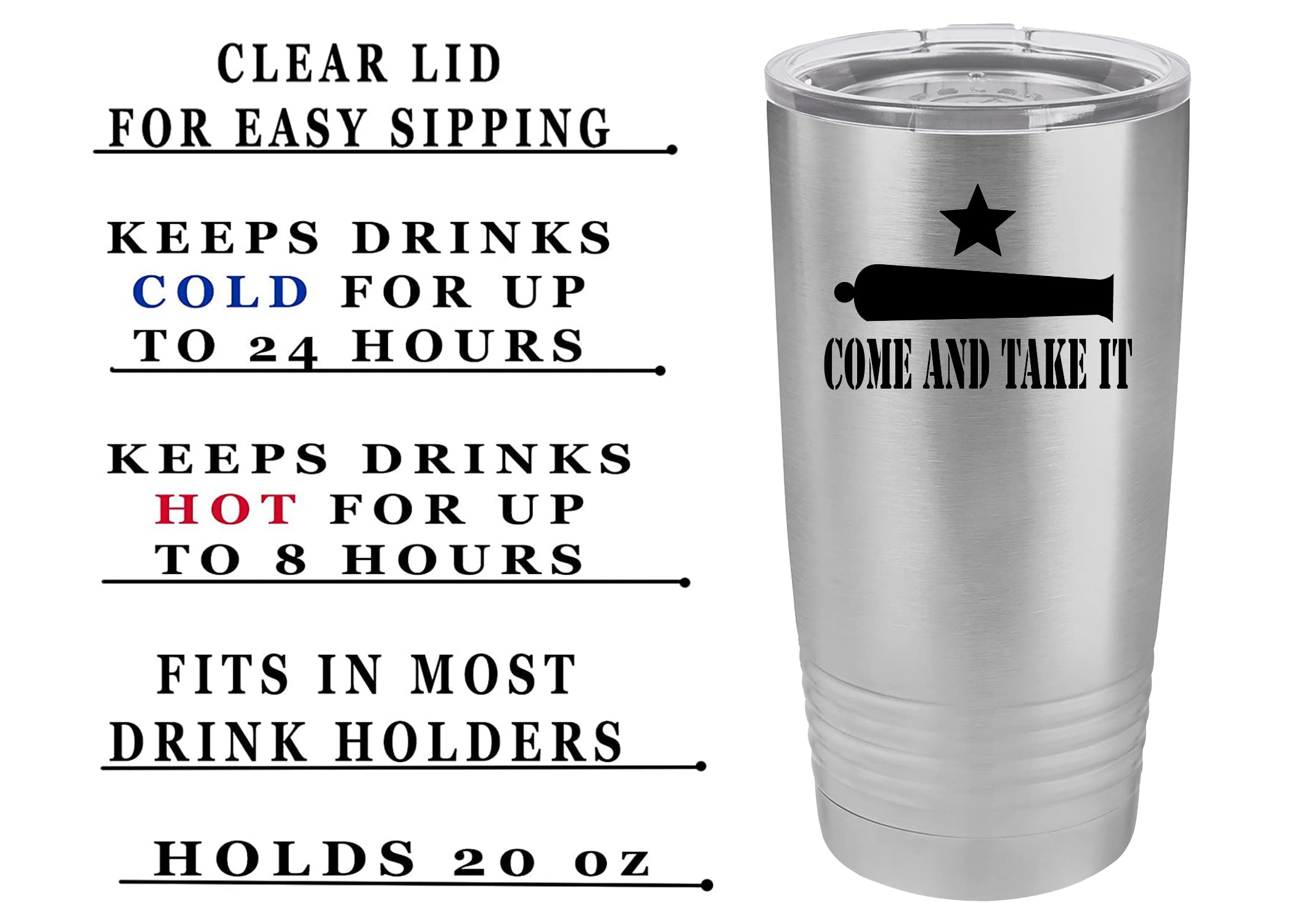 Rogue River Tactical Come and Take It Gonzales Texas Flag 20 Oz. Stainless Steel Travel Tumbler Mug Cup w/Lid Vacuum Insulated Hot or Cold