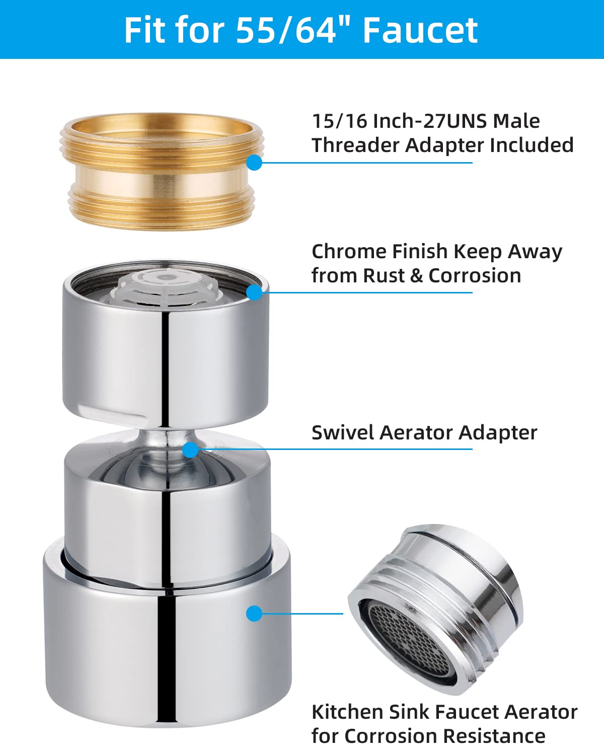 Hibbent 2 in 1 Faucet Aerator with Adapter, Connect to Garden Hose/Other 3/4 Inch Thread Hose, Big Angle Swivel Kitchen Sink Faucet Aerator with Movable Lid to Cover the Thread-Polished Chrome
