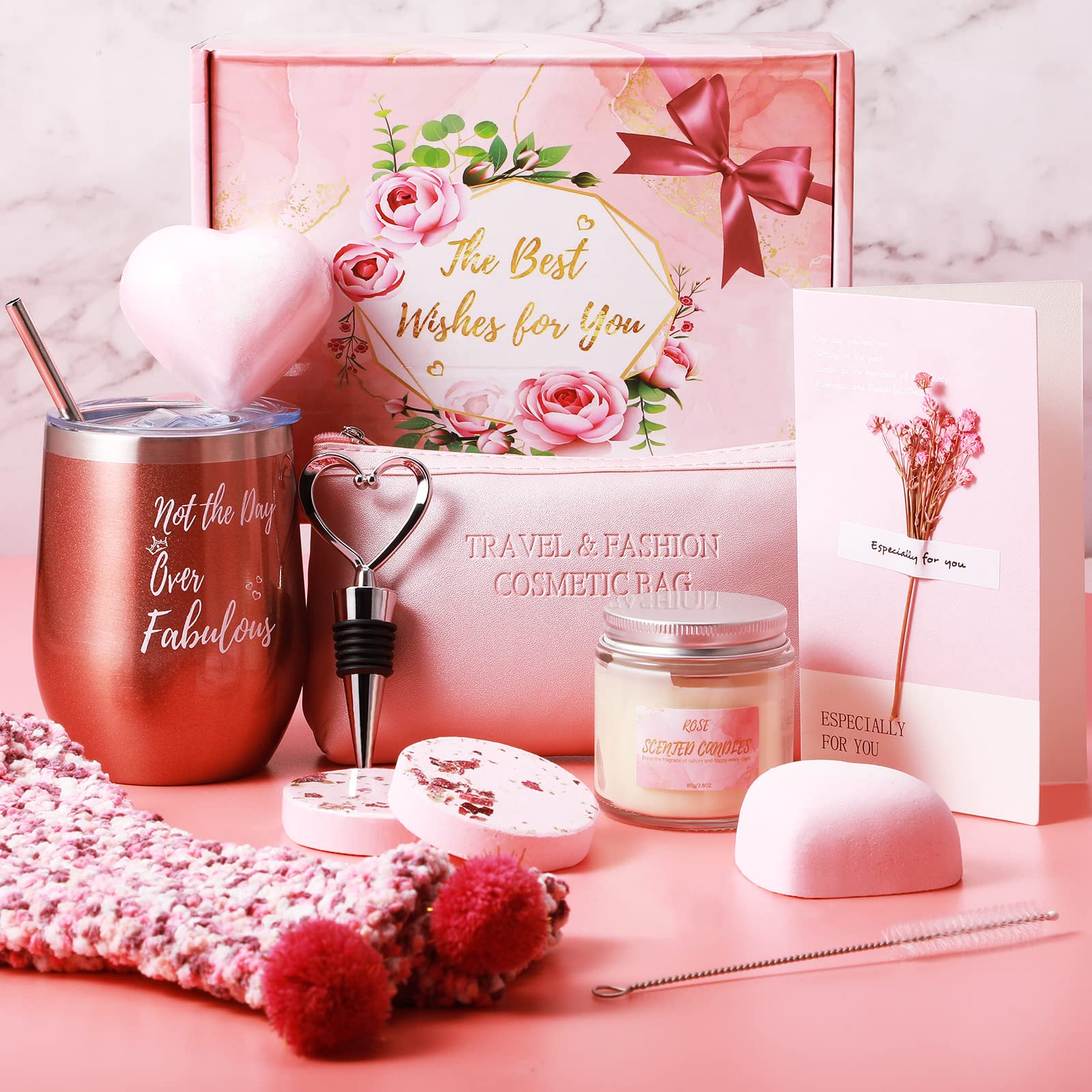 Shihanee 11pcs Valentine‘s Day Gifts for Women Birthday Relaxing Gifts Baskets Box Spa Sets Birthday Bath Set Insulated Wine Tumbler Set for Mother Sister Girlfriend Wife Friend(Rose)