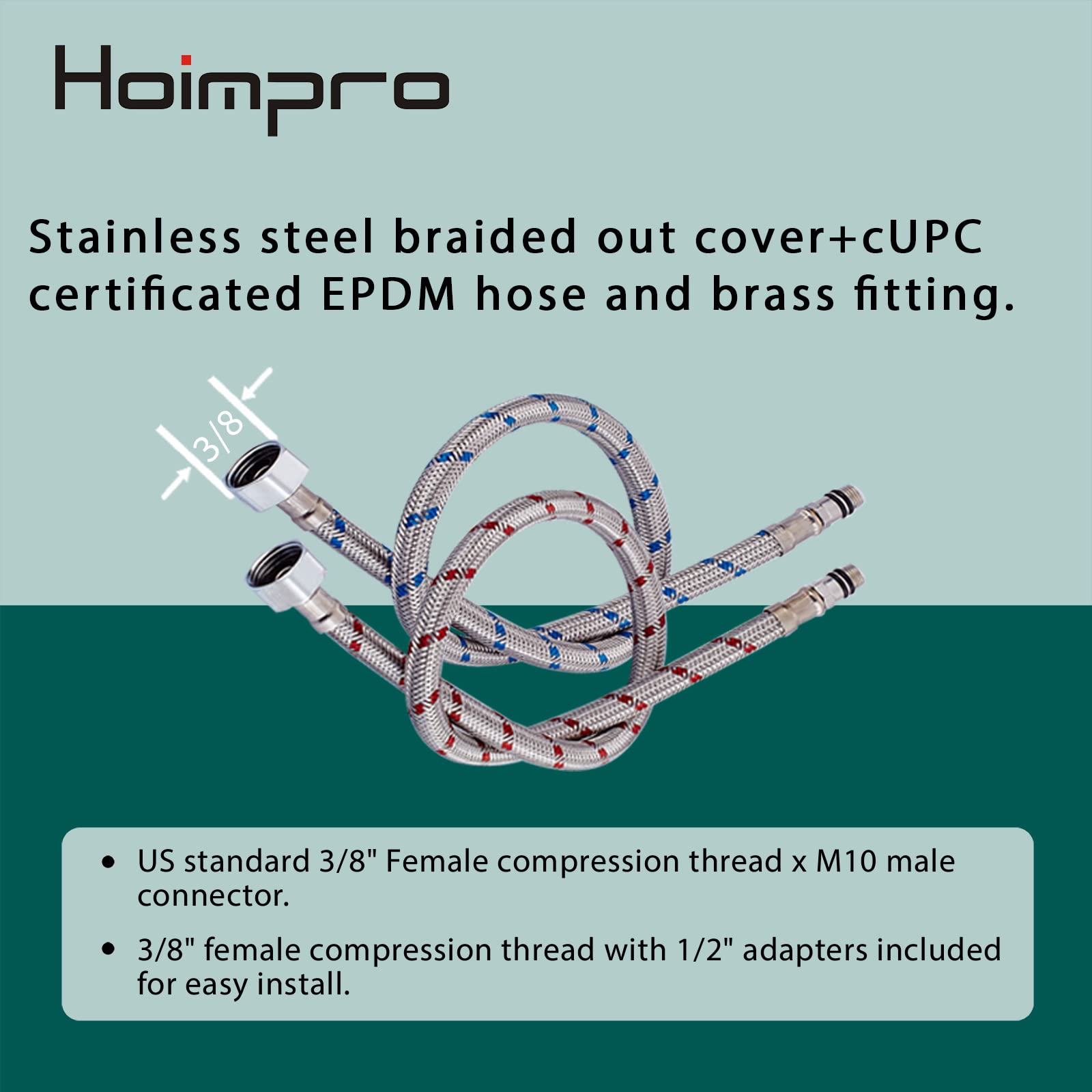 Hoimpro 24-Inch Long Bathroom Kitchen Faucet Connector Braided Stainless Steel Supply Hose,cUPC Hose 1 pair 3/8-Inch Female Compression Thread x M10 Male Connector, x 2 Pcs
