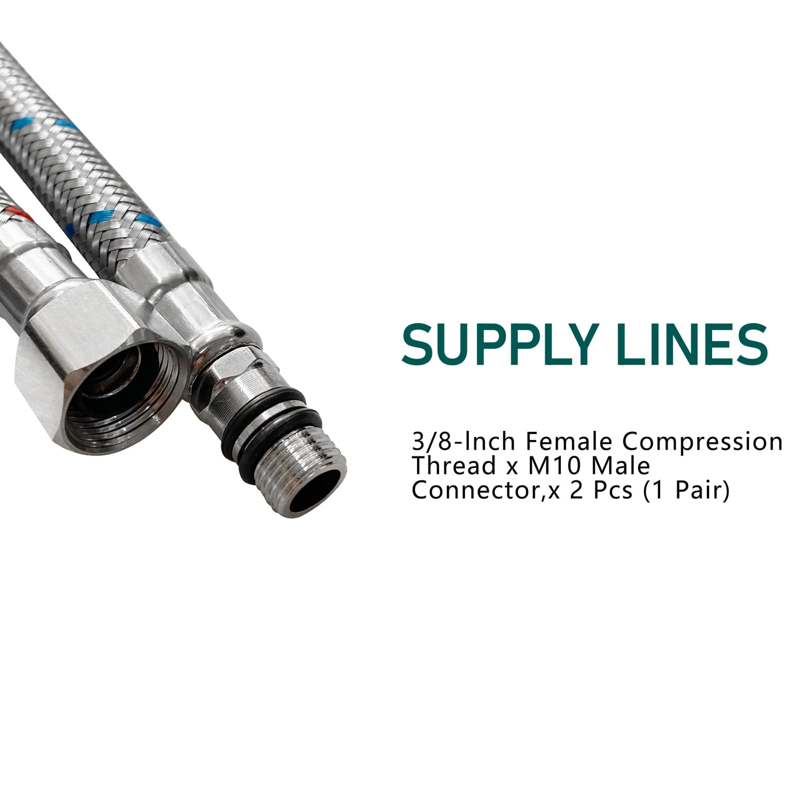 Hoimpro 24-Inch Long Bathroom Kitchen Faucet Connector Braided Stainless Steel Supply Hose,cUPC Hose 1 pair 3/8-Inch Female Compression Thread x M10 Male Connector, x 2 Pcs