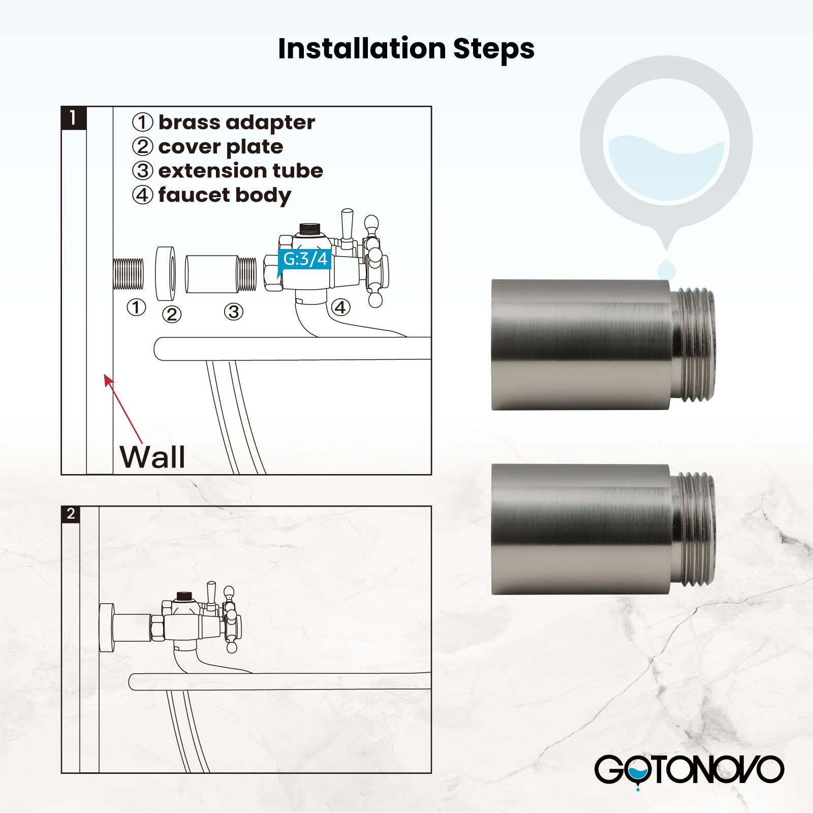 gotonovo 2 Inch Wall Mount Extension Tube for Shower Fixture Spout Tub Spout Extender One Pair Brushed Nickel