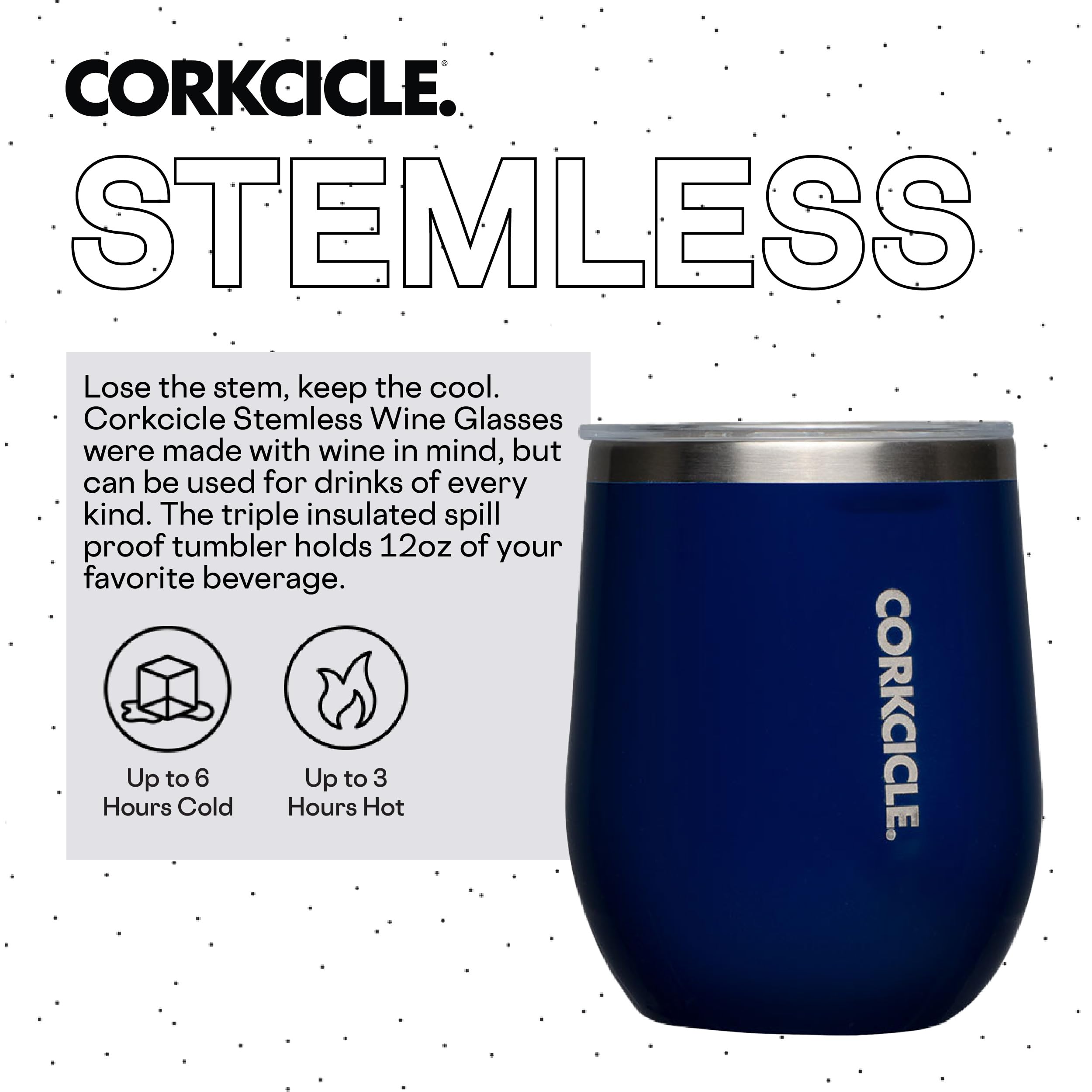 Corkcicle Stemless Insulated Wine Glass Tumbler, Gloss Midnight Blue, 12 oz β Stainless Steel Stemless Wine Glass Keeps Beverages Cold for 6 Hours, Hot for 3 Hours β Non-Slip, Easy-Grip Insulated Cup