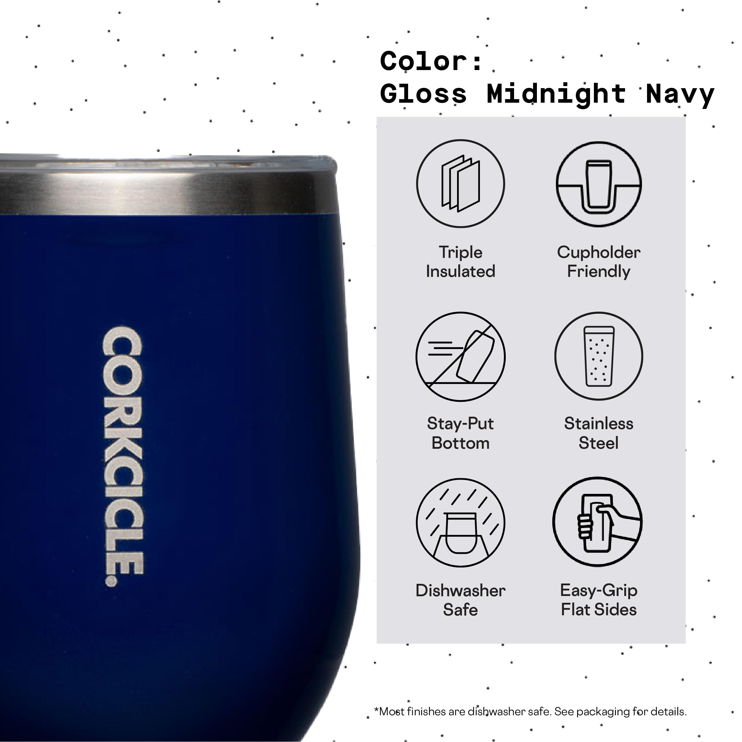 Corkcicle Stemless Insulated Wine Glass Tumbler, Gloss Midnight Blue, 12 oz β Stainless Steel Stemless Wine Glass Keeps Beverages Cold for 6 Hours, Hot for 3 Hours β Non-Slip, Easy-Grip Insulated Cup