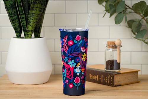 Silver Buffalo Disney Alice in Wonderland Floral Pattern Double Walled Stainless Steel Tumbler with Straw, 22 Ounces, Multicolor