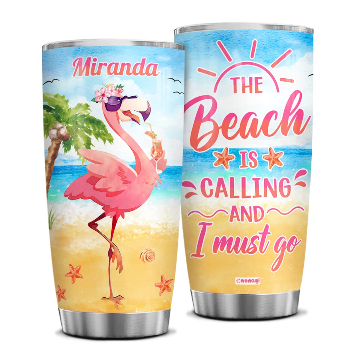 Personalized Flamingo Tumblers - Stainless Steel Coffee Travel Cup 20oz & 30oz - Custom Gifts for Women, Girls, Kids - Summer Vacation & Beach Trip