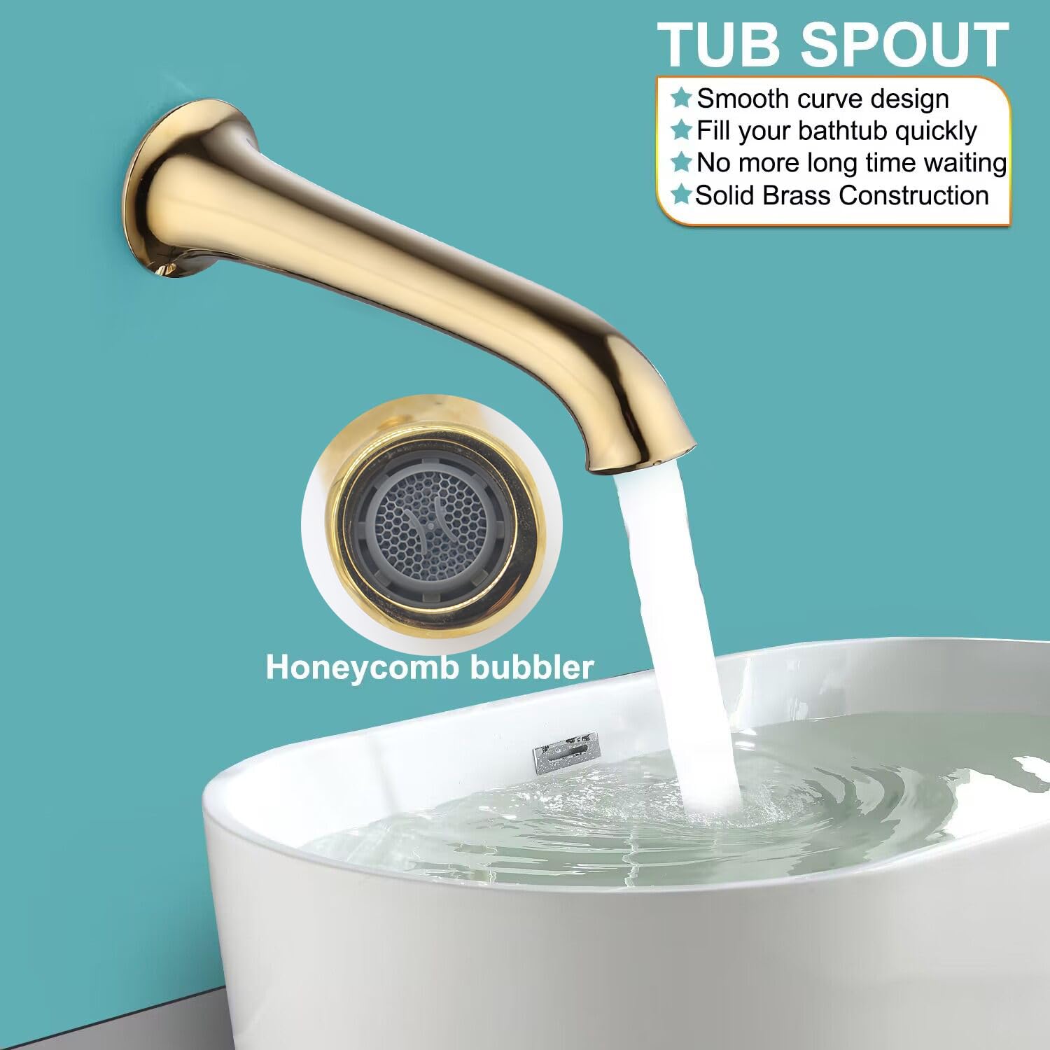 Enga Bright Gold Tub Spout, 8inch Extra Long Bathtub Faucet Wall Mount Brass Non Diverter Tub Filler