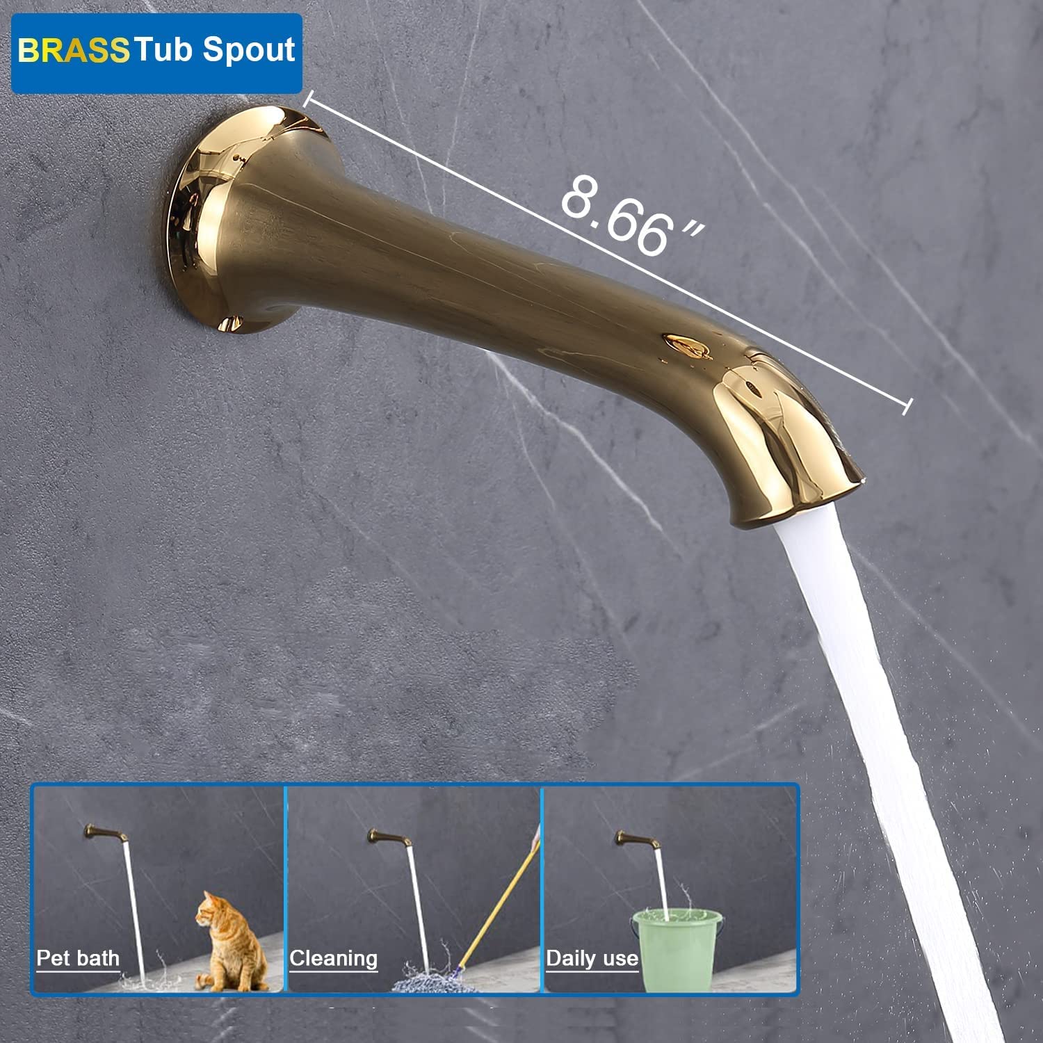 Enga Bright Gold Tub Spout, 8inch Extra Long Bathtub Faucet Wall Mount Brass Non Diverter Tub Filler