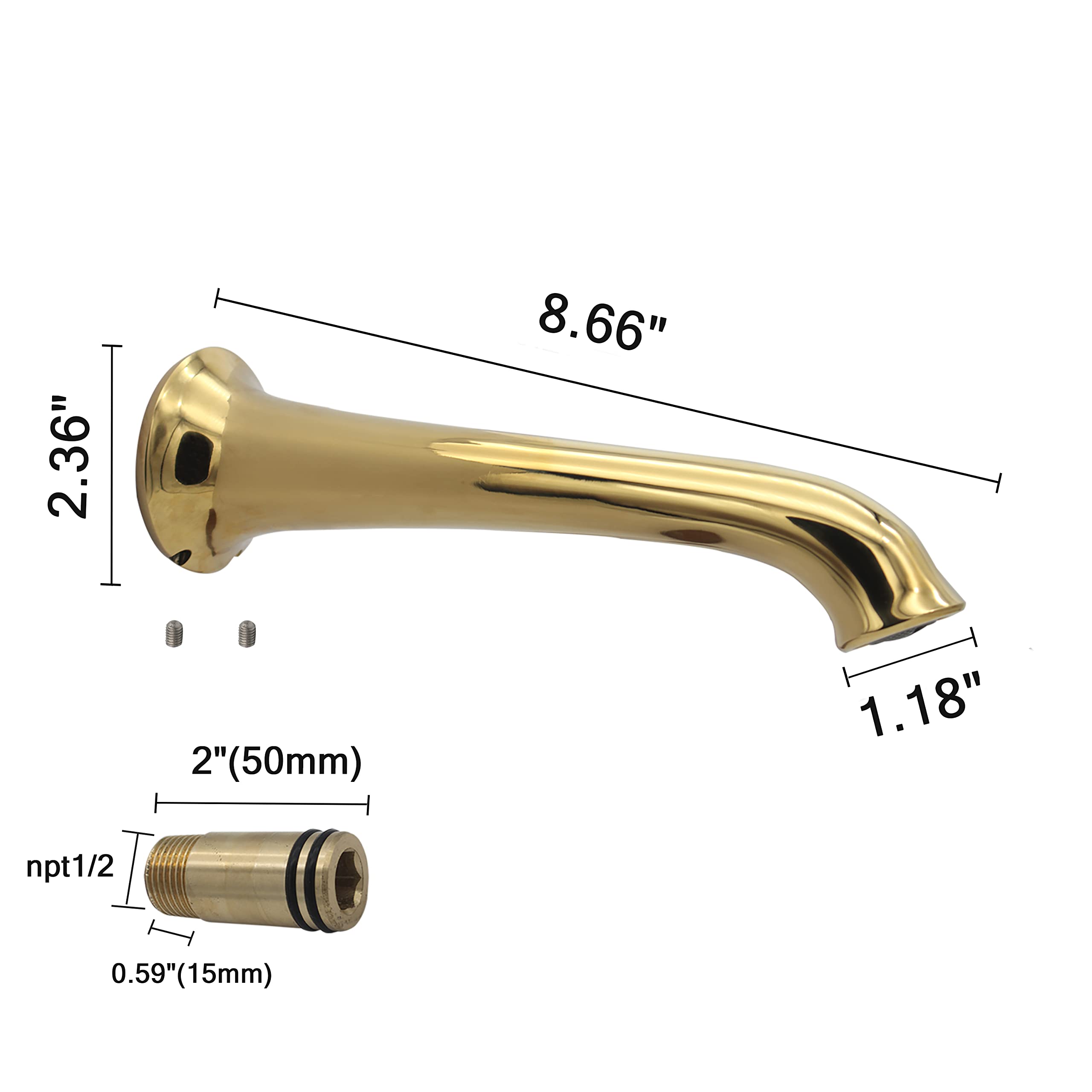 Enga Bright Gold Tub Spout, 8inch Extra Long Bathtub Faucet Wall Mount Brass Non Diverter Tub Filler