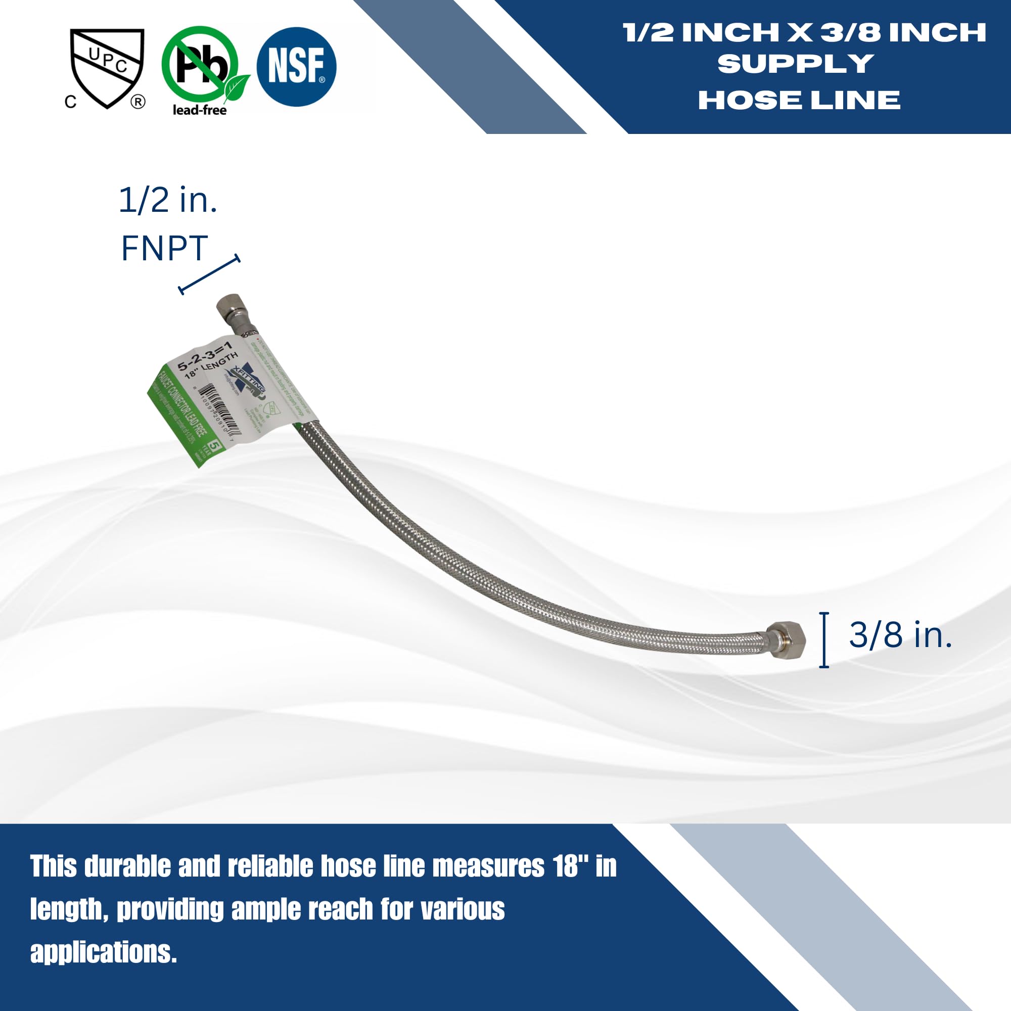 2 Pieces XFITTING 3/8" Comp x 1/2" FNPT Faucet Supply Hose Line, 18" Long, Braided Stainless Steel