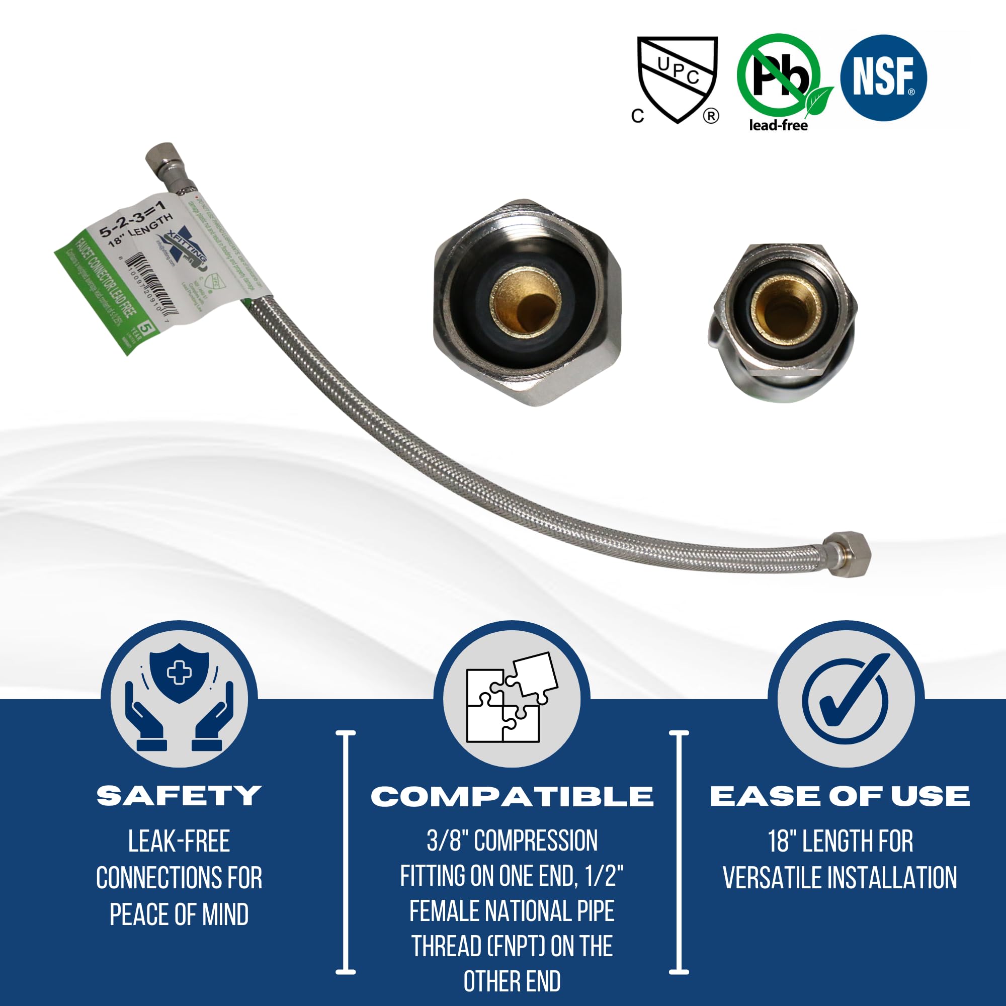 2 Pieces XFITTING 3/8" Comp x 1/2" FNPT Faucet Supply Hose Line, 18" Long, Braided Stainless Steel