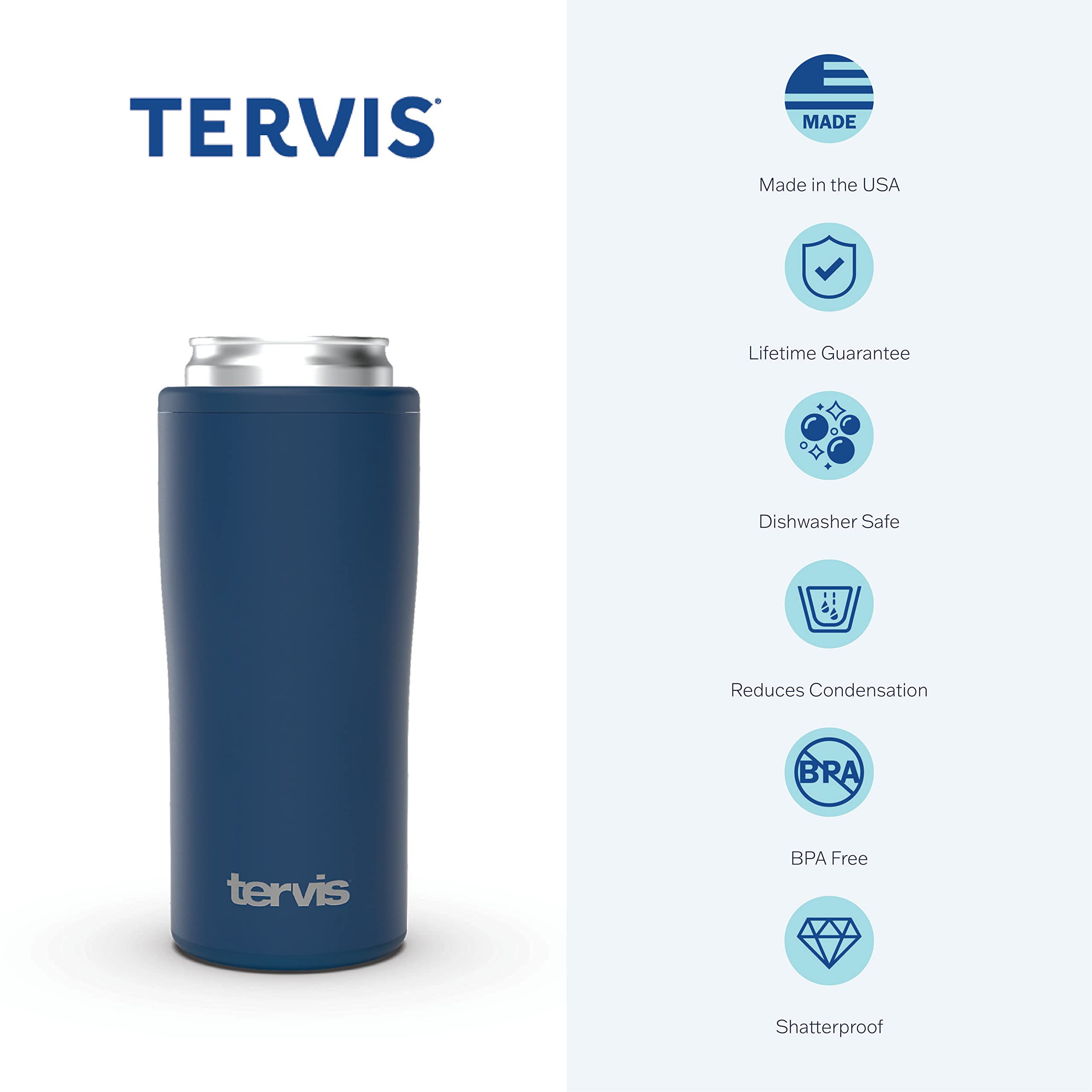 Tervis Deepwater Blue Powder Coated Triple Walled Insulated Tumbler Cup Keeps Drinks Cold & Hot, 12oz Slim Can Cooler, Deepwater Blue
