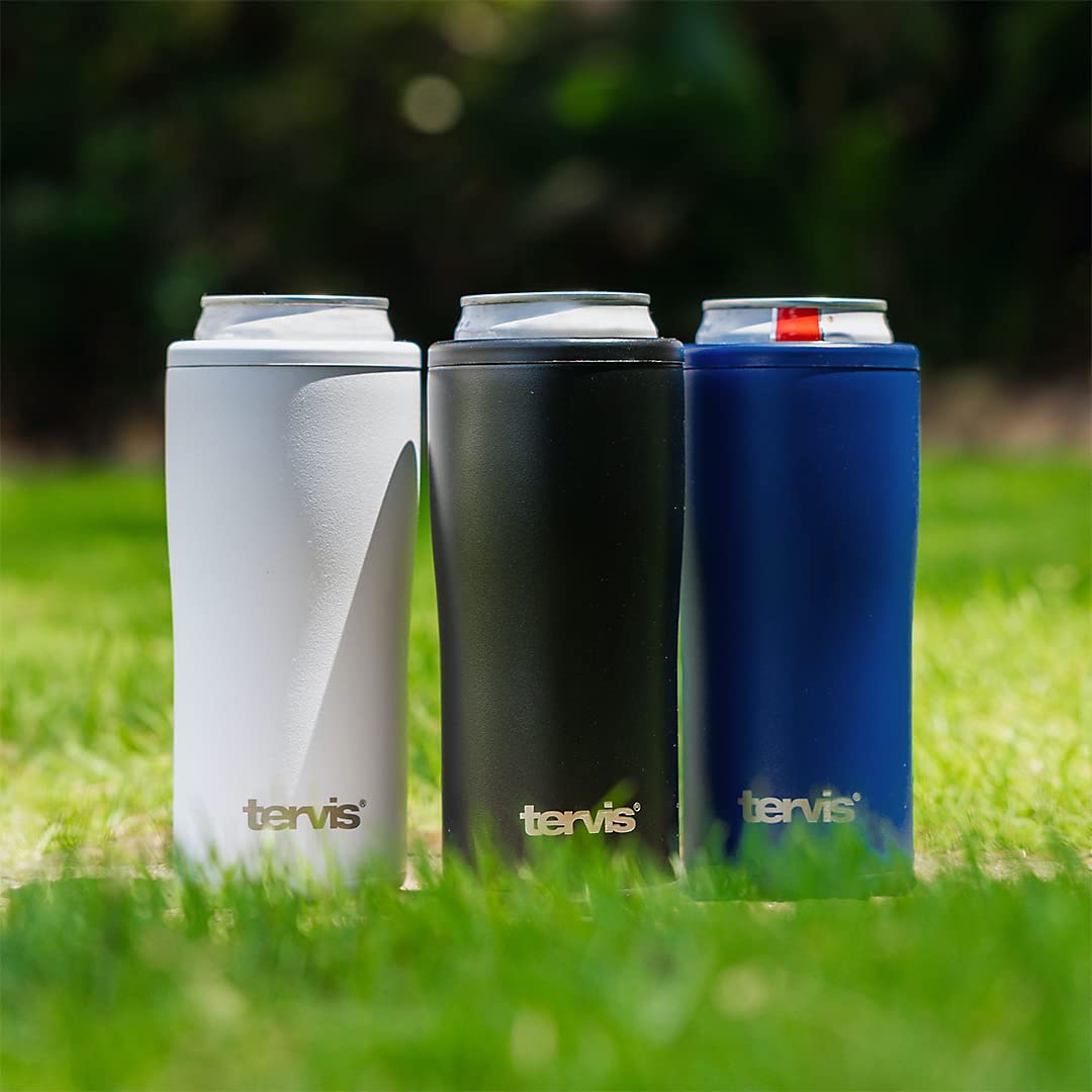 Tervis Deepwater Blue Powder Coated Triple Walled Insulated Tumbler Cup Keeps Drinks Cold & Hot, 12oz Slim Can Cooler, Deepwater Blue