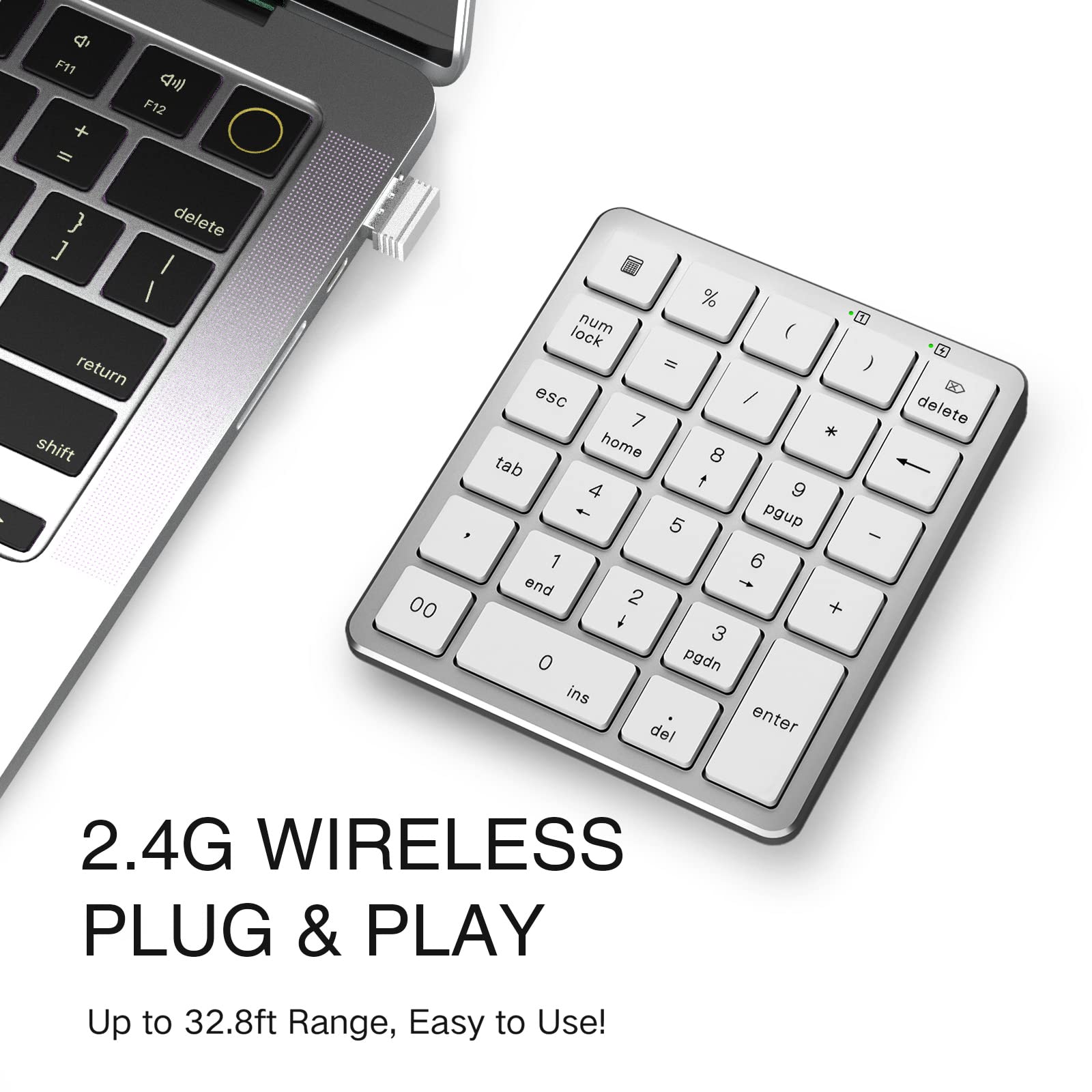 PINKCAT Wireless Number Pad, 28 Keys Numeric Keypad with 2.4G Mini USB Receiver, Portable Number Numpad Financial Accounting for Laptop, PC, Notebook, Desktop, Surface Pro - Silver