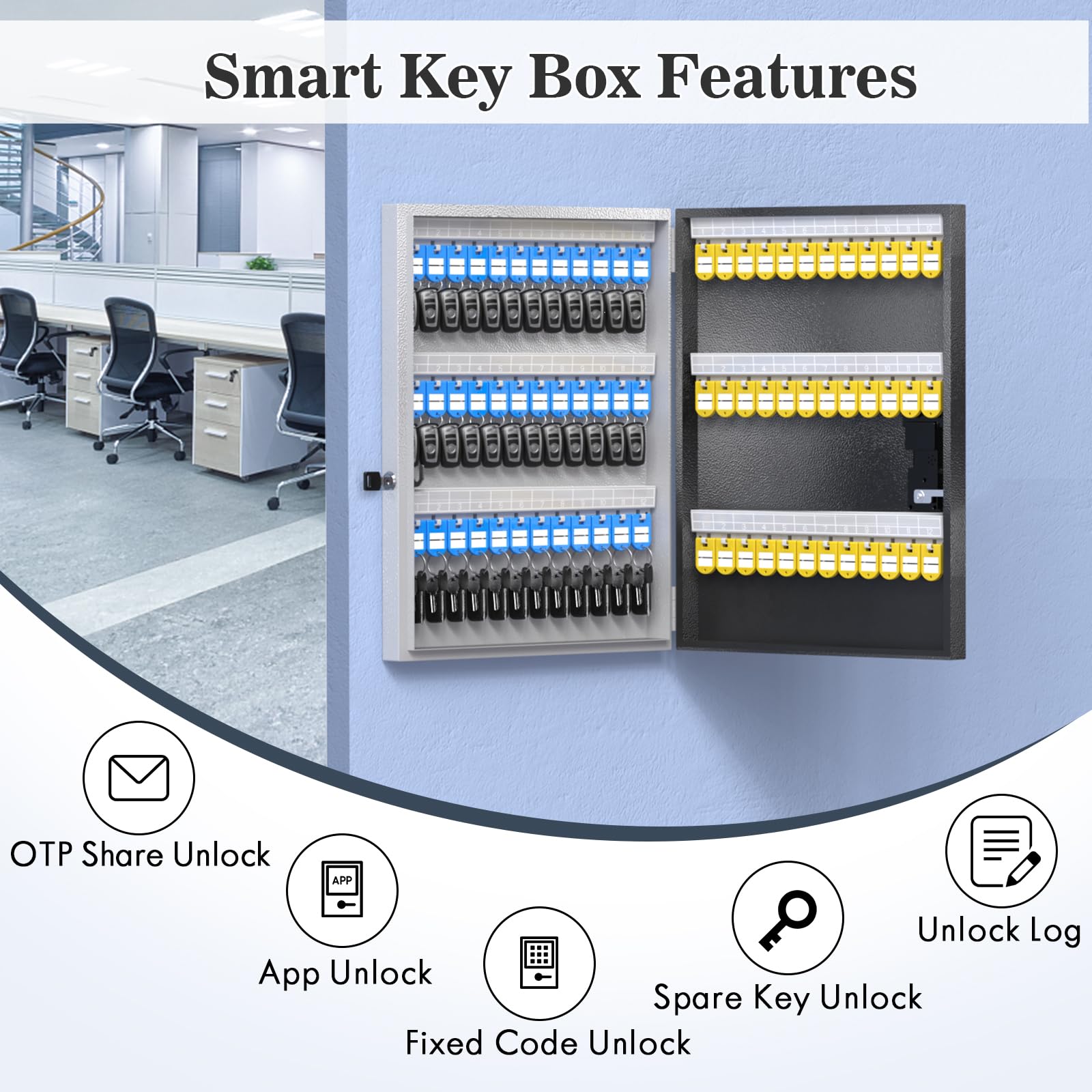 72 Key Cabinet Organizer,Metal Key Lock Box Wall Mount use OTP Technology Unlock,Fixed Password/Bluetooth Unlock, App Remotely Generates Pin Codes Without Internet,Great for Key Hook & Storage