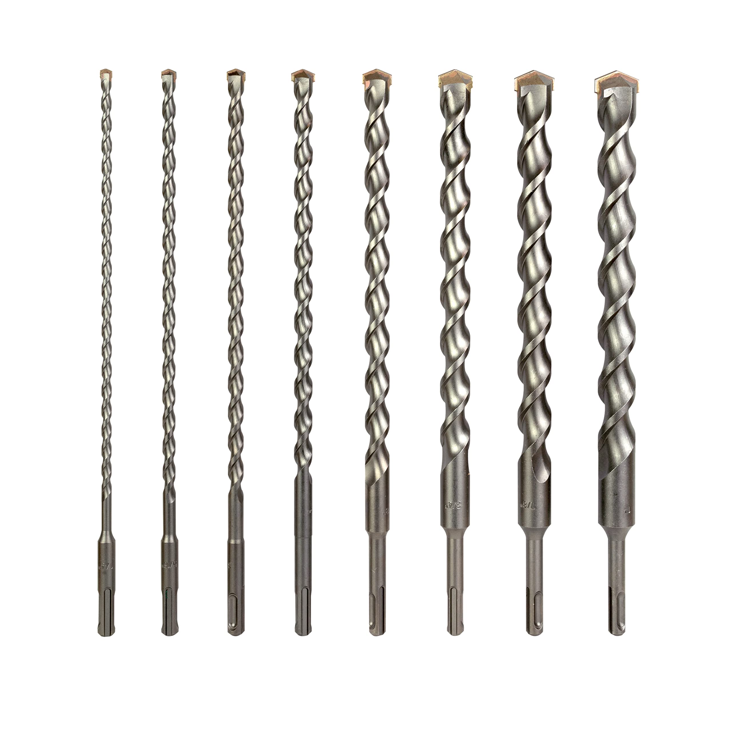 Sabre Tools 8-Piece 12in SDS Plus Drill Bits for Brick, Stone, Concrete, 1/4in x 12in, 5/16in x 12in, 3/8in x 12in, 1/2in x 12in, 5/8in x 12in, 3/4in x 12in, 7/8in x 12in, 1in x 12in (12" 8-Piece Set)