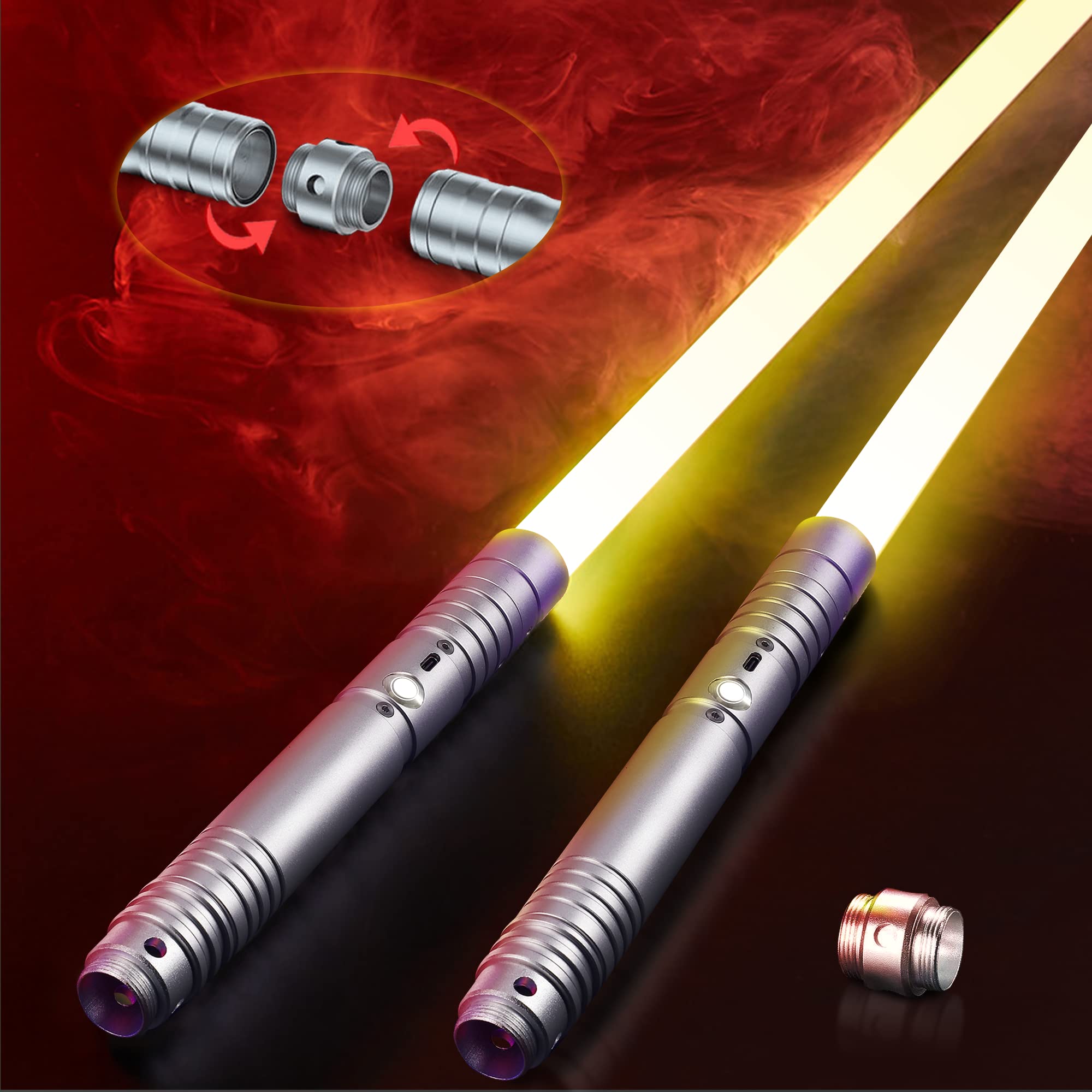 Oomyeh Lightsaber Kids Toy Alloy Hilt Update 15 Colors with 3 Modes Type-C Rechargeable 2 in 1 Dueling Light Saber for Kids and Adults Children's Day (2 Pack Silver)