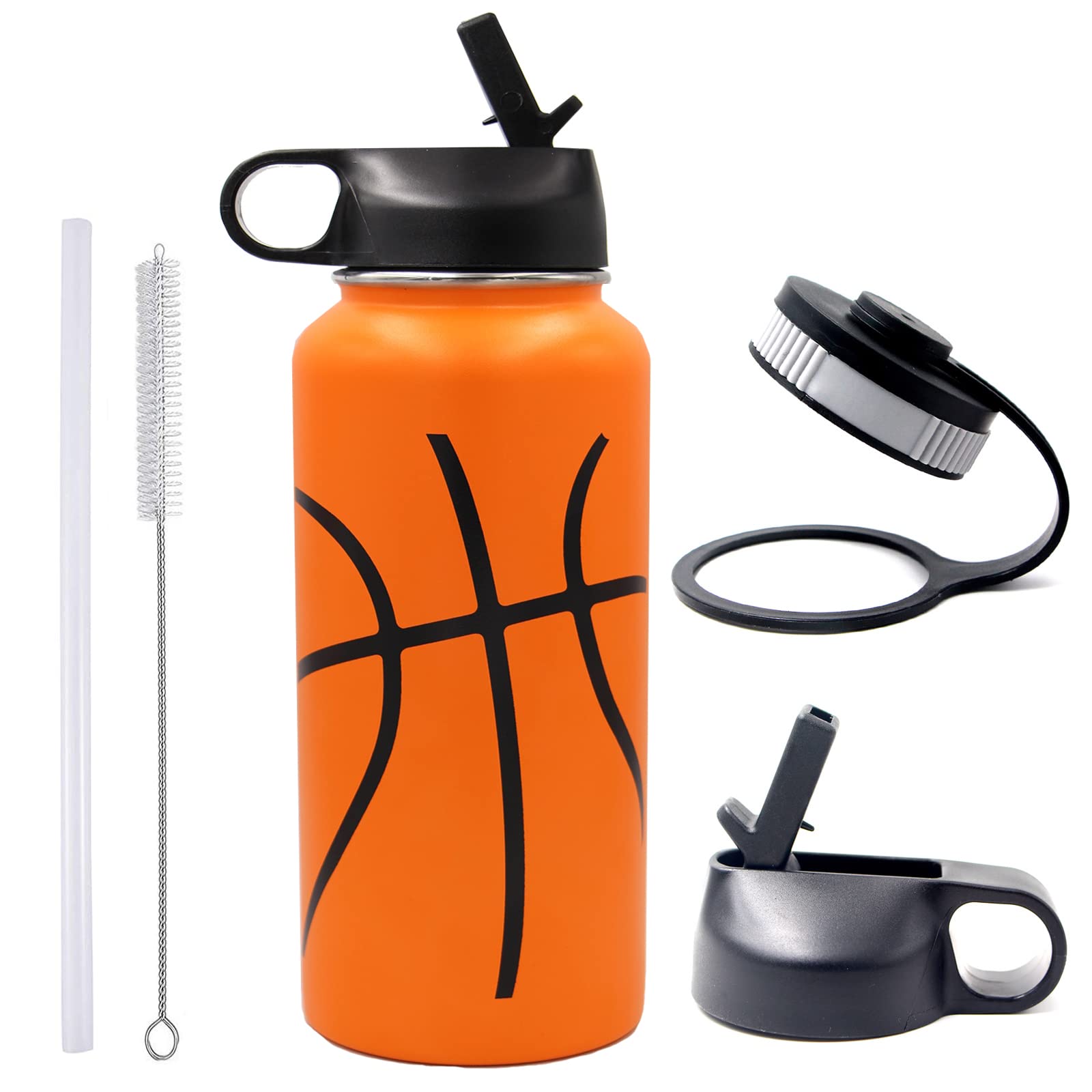 32 oz Basketball Water Bottle, Wide Mouth Thermo Flask with 2 Lids, BPA Free Stainless Steel Double Wall Vacuum Insulated Sports Water Bottles, Basketball Gifts for Boys Girls Player Coach