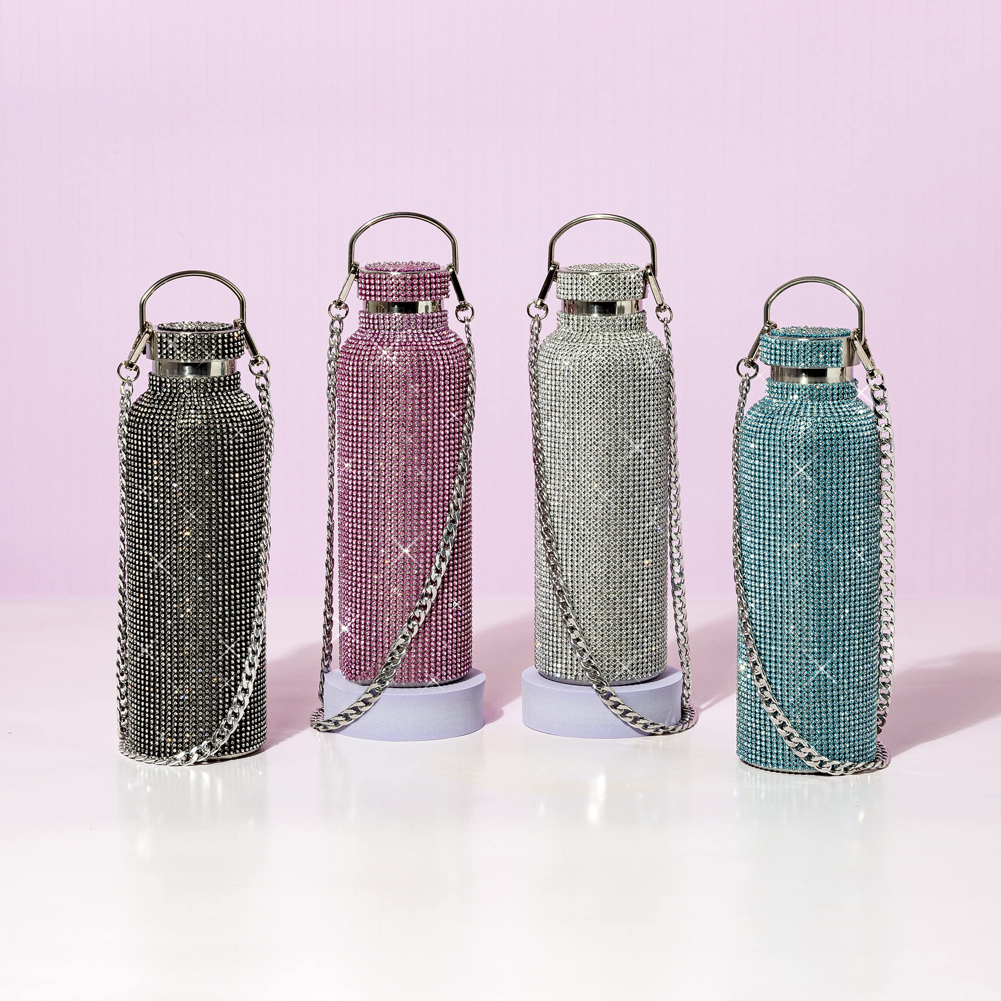 Paris Hilton Diamond Bling Water Bottle With Lid And Removable Carrying Strap, Stainless Steel Vacuum Insulated, Bedazzled With Over 5000 Rhinestones, 25-Ounce, Silver