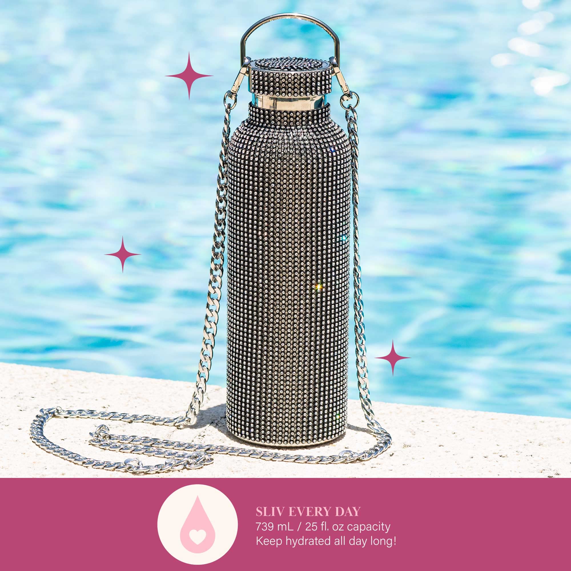 Paris Hilton Diamond Bling Water Bottle With Lid And Removable Carrying Strap, Stainless Steel Vacuum Insulated, Bedazzled With Over 5000 Rhinestones, 25-Ounce, Black
