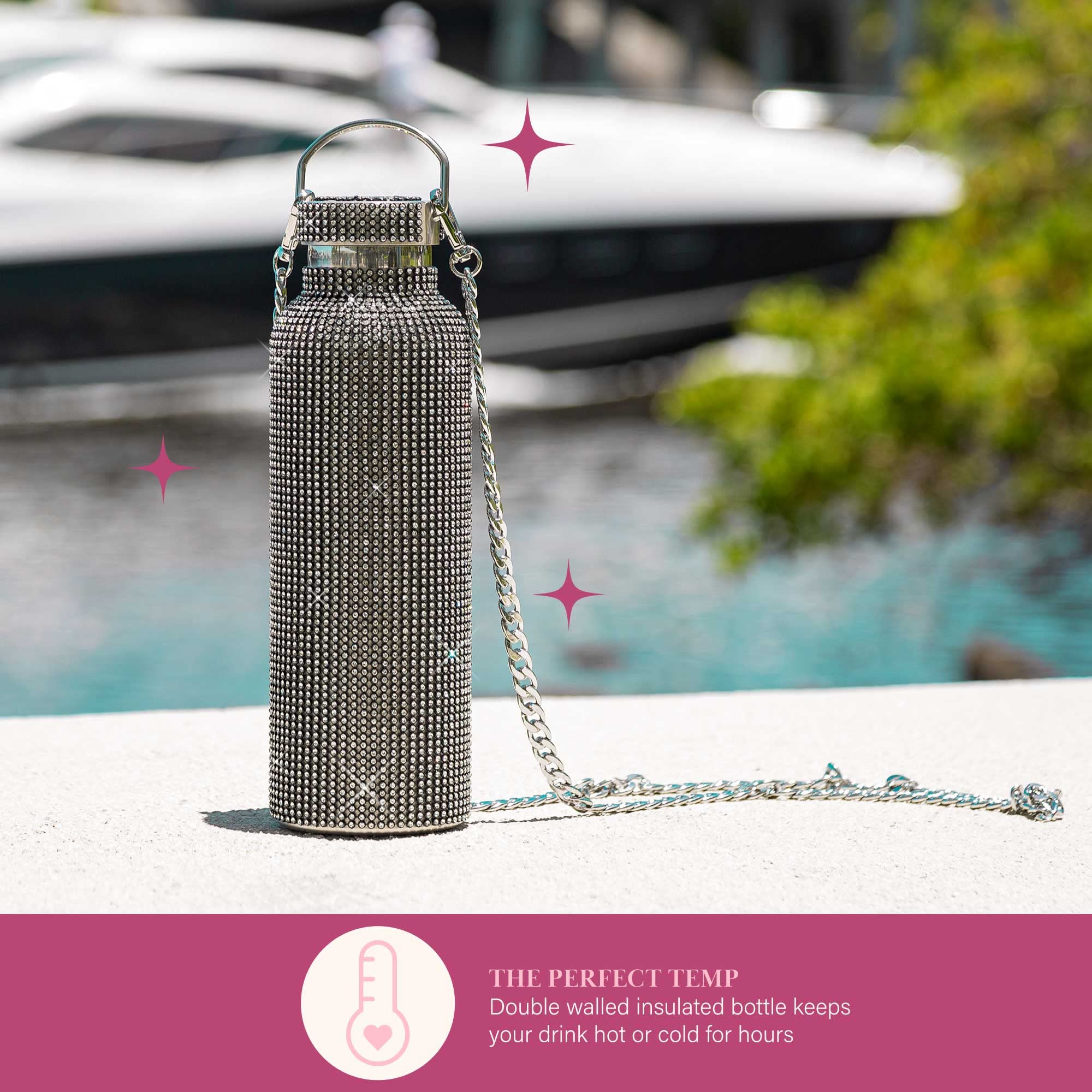 Paris Hilton Diamond Bling Water Bottle With Lid And Removable Carrying Strap, Stainless Steel Vacuum Insulated, Bedazzled With Over 5000 Rhinestones, 25-Ounce, Black