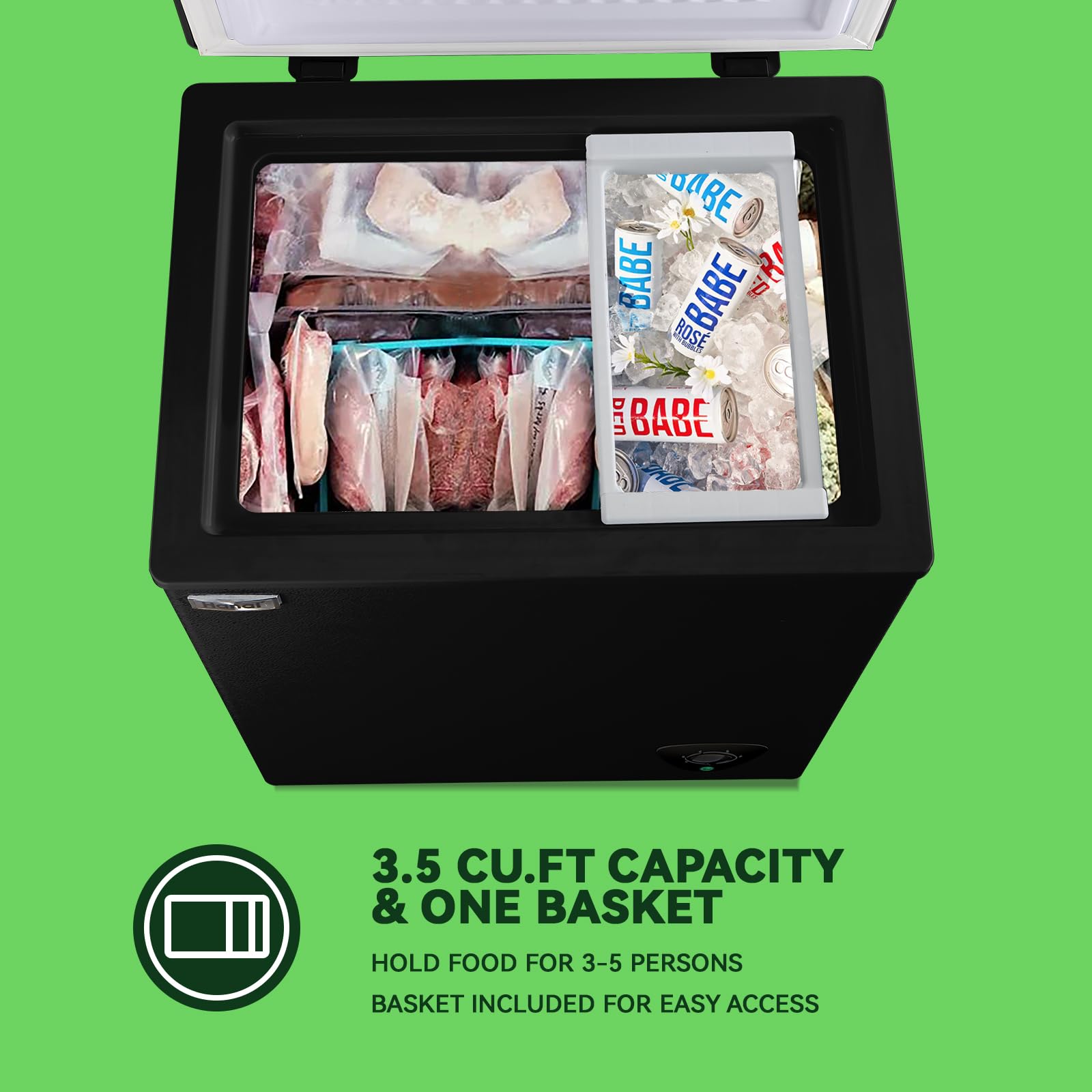 Chest Freezer Small Deep Freezer Black 3.5 Cu.Ft Free-Standing Top Door Freezer Adjustable 7 Thermostat and Removable Basket Open Garage Basement Apartment Kitchen Business