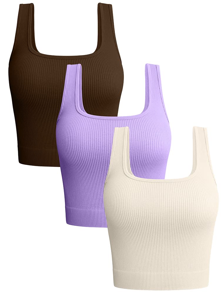 OQQ Women's 3 Piece Tank Tops Ribbed Seamless Workout Exercise Shirts 2025 Summer Basic Camis Coffee Lavender Beige