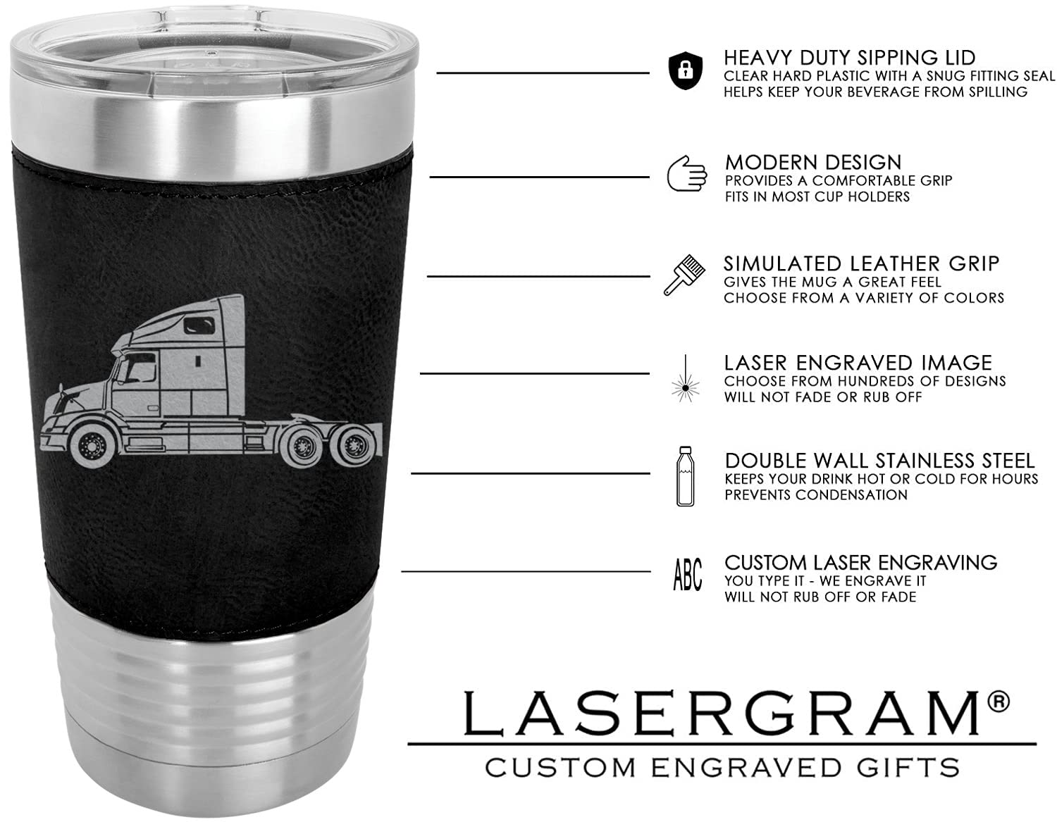 20oz Vacuum Insulated Tumbler Mug, Truck Cab, (Faux Leather, Black)