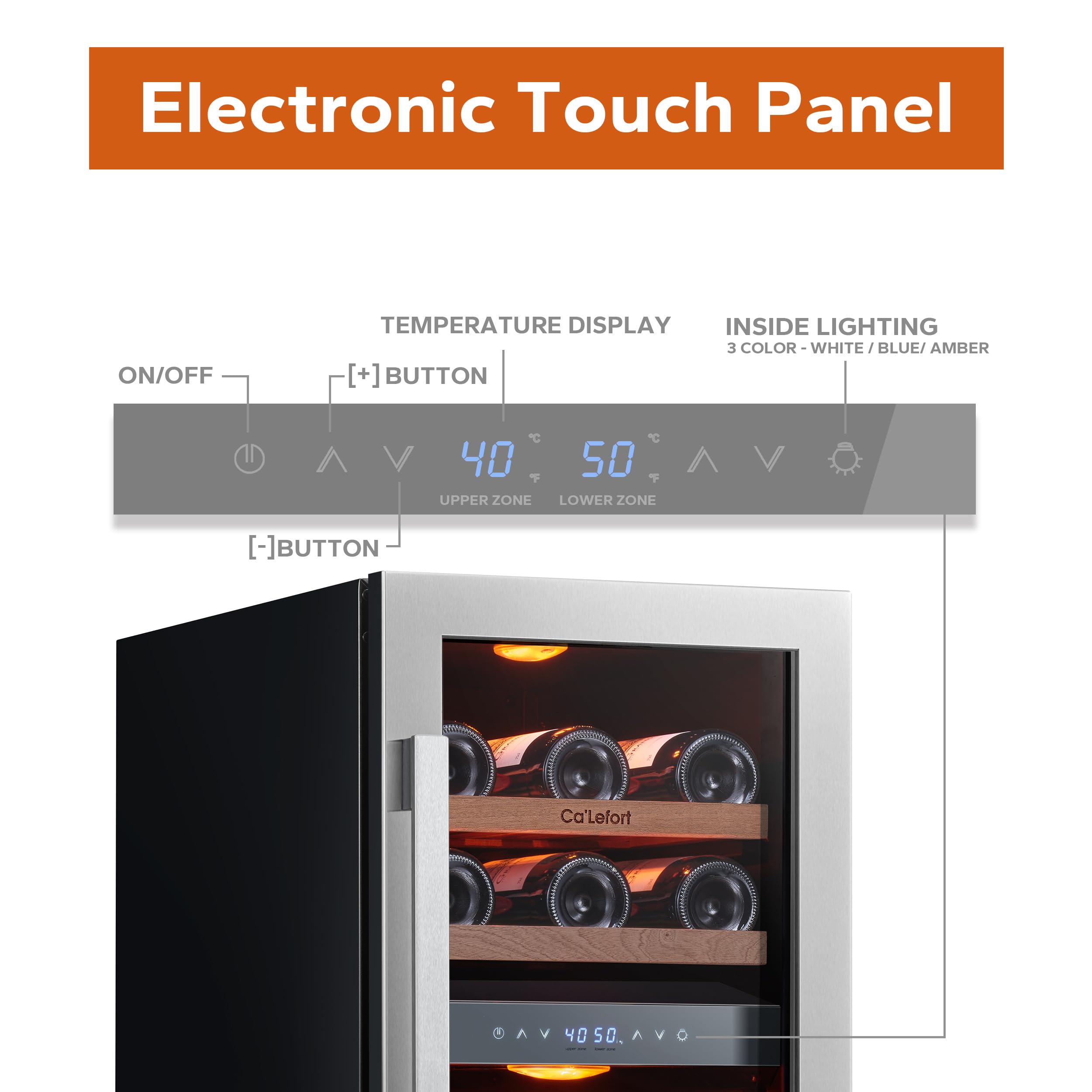 Ca'Lefort 15 Inch Wine Fridge, 28 Bottle Wine Cooler Refrigerator, 40-65°F Wine Refrigerator Glass Door, 3 LED Dual Zone Wine Fridge, Built-in or Freestanding Fridge for Home/Bar/Kitchen (3.0 cu.ft)