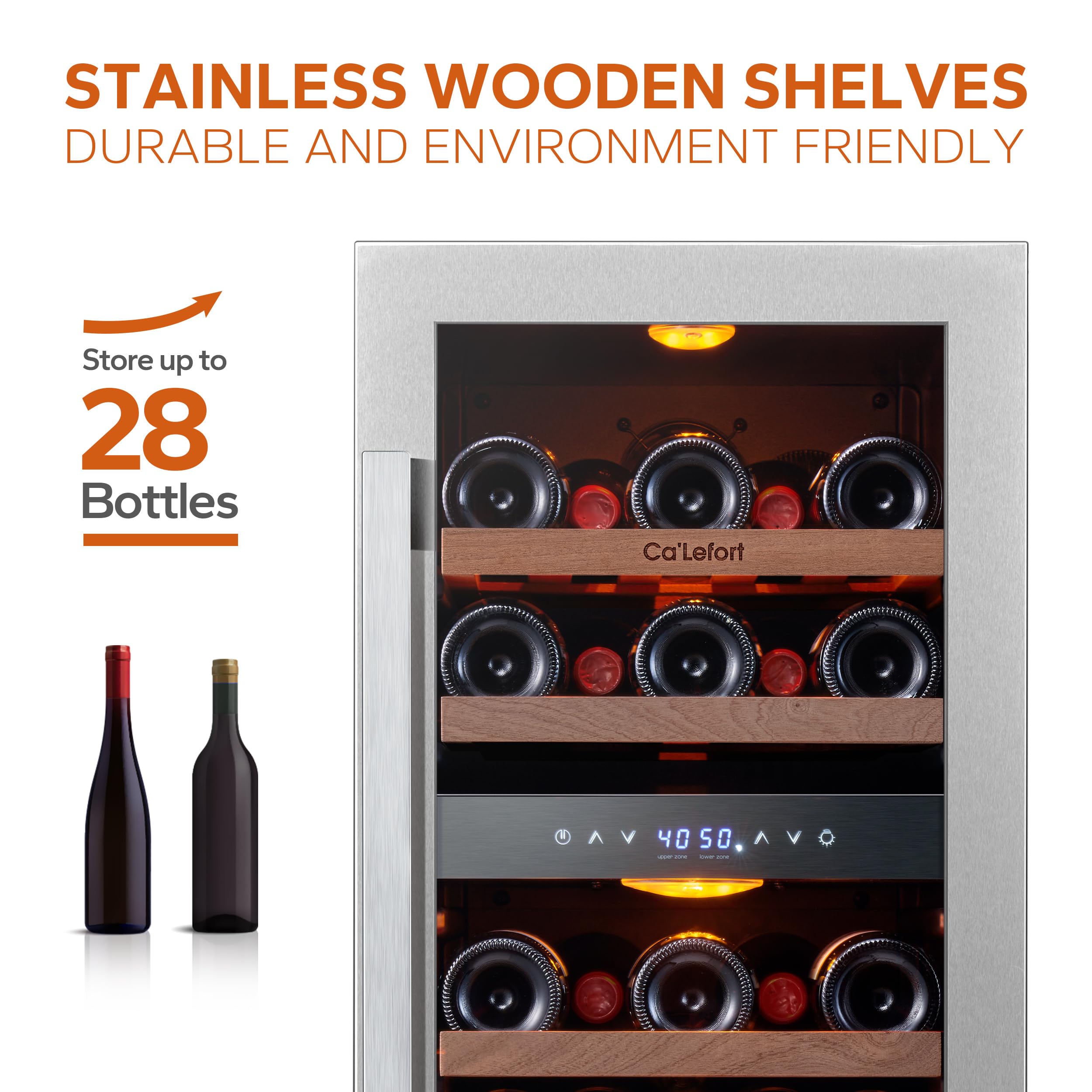 Ca'Lefort 15 Inch Wine Fridge, 28 Bottle Wine Cooler Refrigerator, 40-65°F Wine Refrigerator Glass Door, 3 LED Dual Zone Wine Fridge, Built-in or Freestanding Fridge for Home/Bar/Kitchen (3.0 cu.ft)