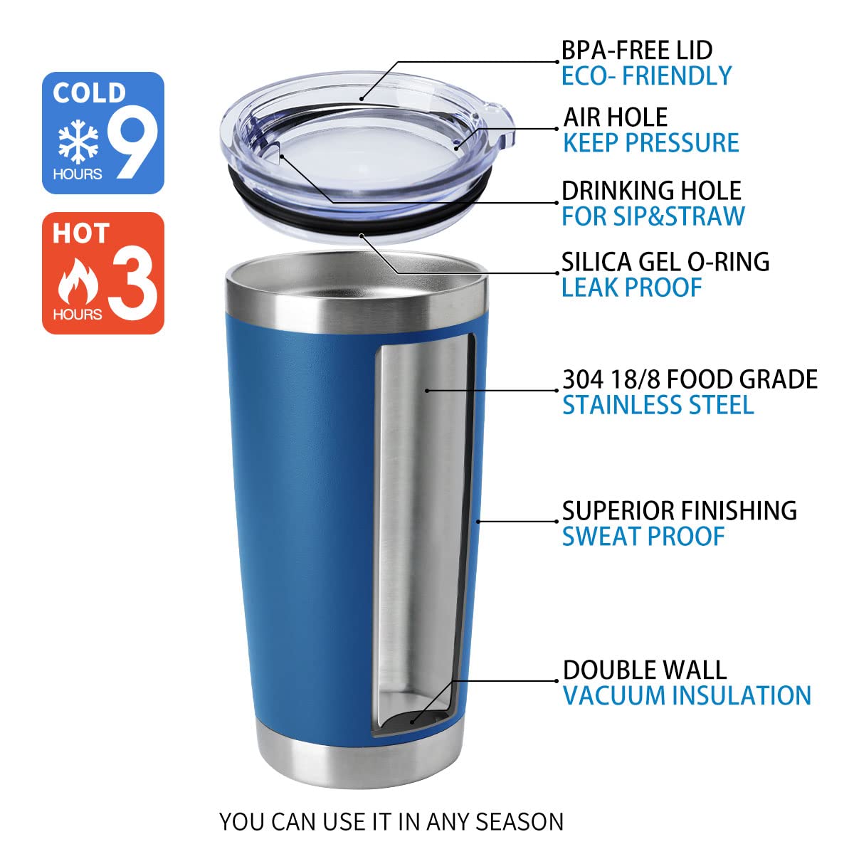 HASLE OUTFITTERS 20oz Tumblers Stainless Steel Mugs with Lid Double Wall Vacuum Insulated Coffee Cups for Cold & Hot Drinks (20oz-Dark Blue, 1 Pack)
