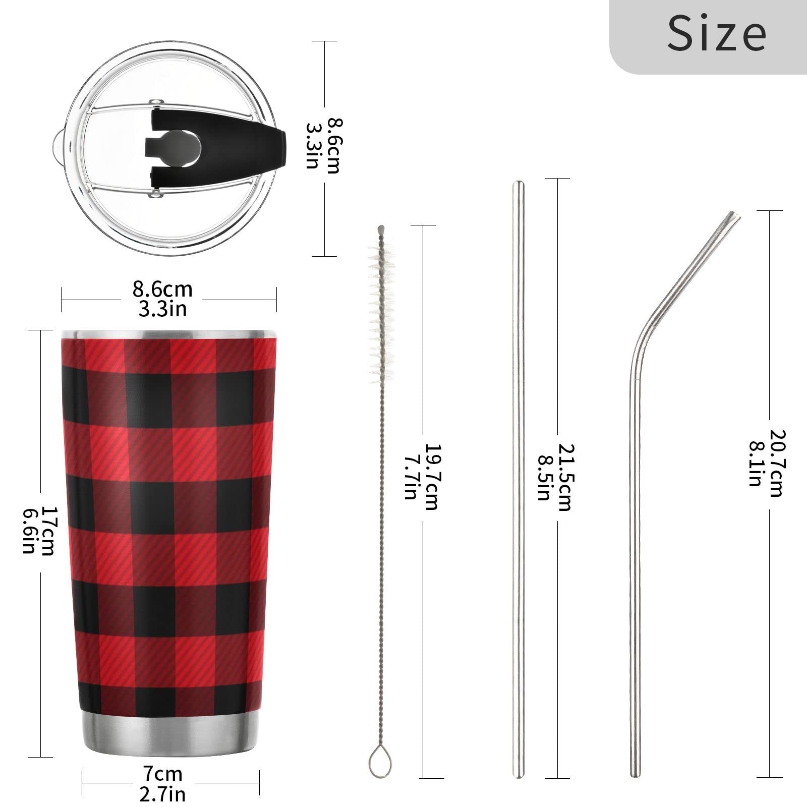 Yasala Tumbler Tartan Checker Plaid Red Black Insulated Office Coffee Cup Back to School Beverage Container Travel Mug with Straw and Lid Double Wall Stainless Steel 20oz