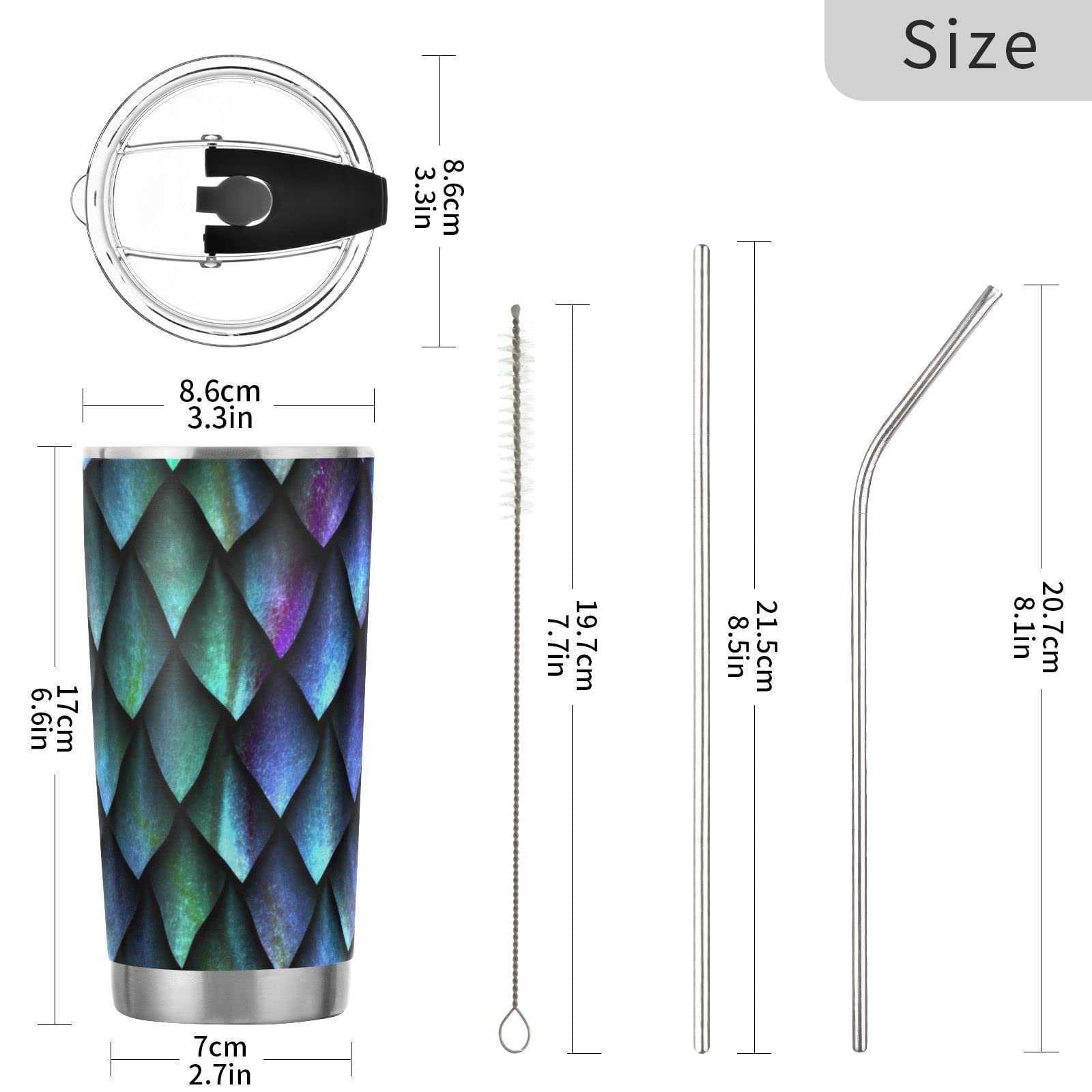 Yasala Tumbler Dragon Scales Bright Insulated Office Coffee Cup Back to School Beverage Container Travel Mug with Straw and Lid Double Wall Stainless Steel 20oz