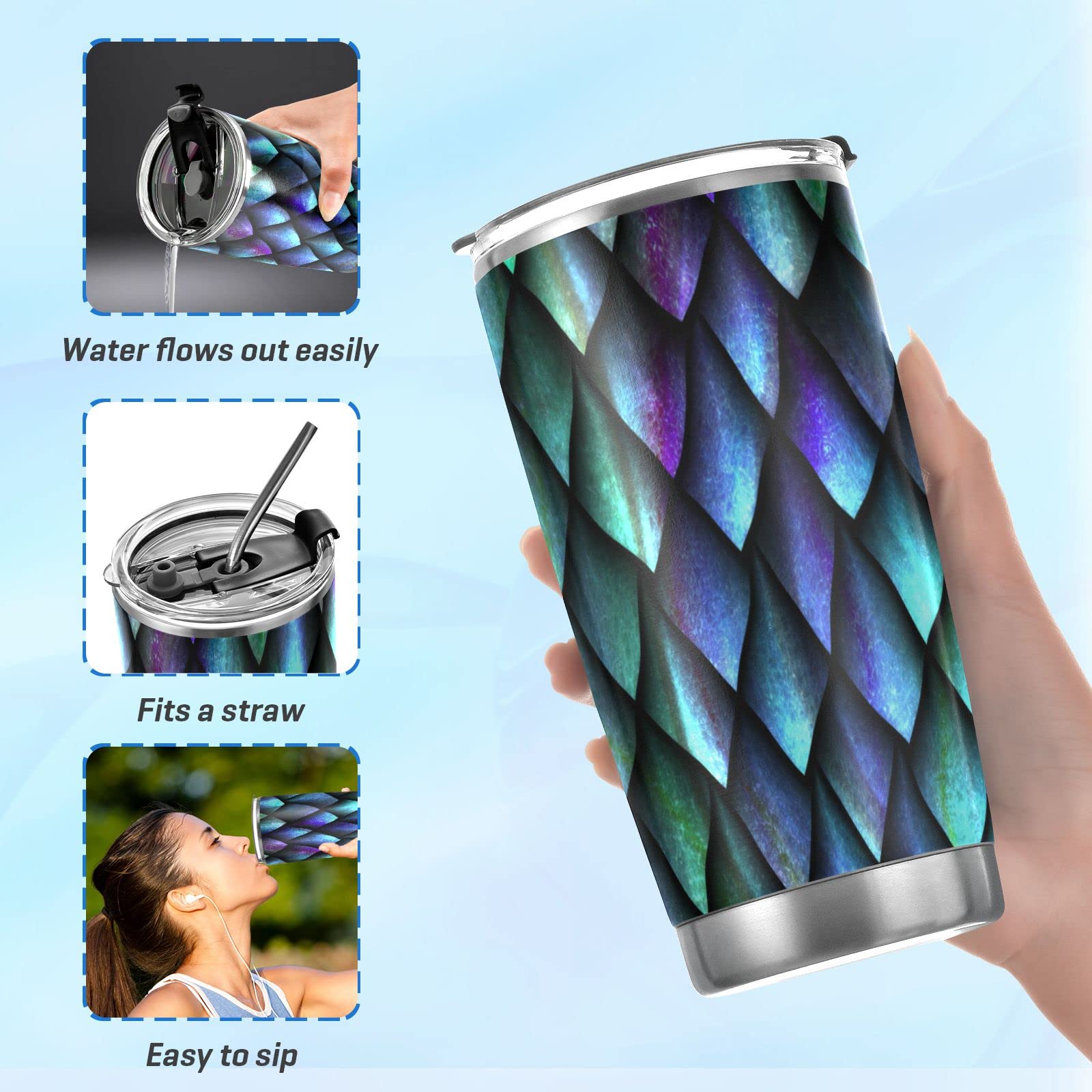 Yasala Tumbler Dragon Scales Bright Insulated Office Coffee Cup Back to School Beverage Container Travel Mug with Straw and Lid Double Wall Stainless Steel 20oz