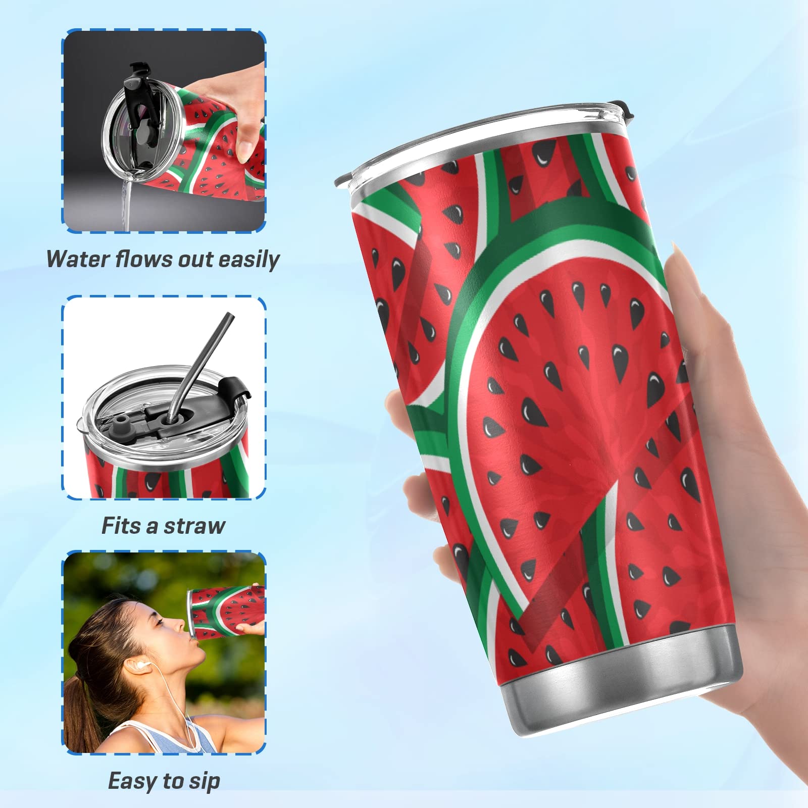 Yasala Tumbler Green Red Watermelon Insulated Office Coffee Cup Back to School Beverage Container Travel Mug with Straw and Lid Double Wall Stainless Steel 20oz