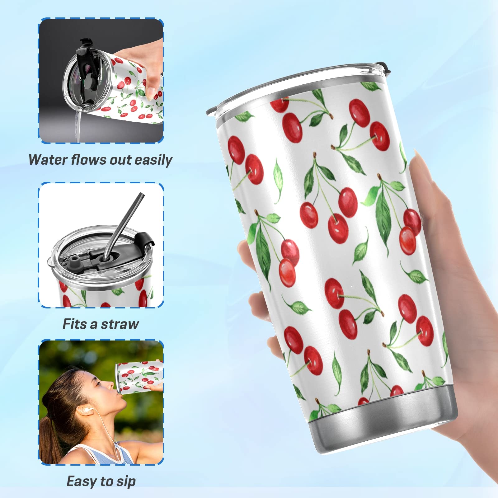 Yasala Tumbler Cherry Green Leaves Insulated Office Coffee Cup Back to School Beverage Container Travel Mug with Straw and Lid Double Wall Stainless Steel 20oz