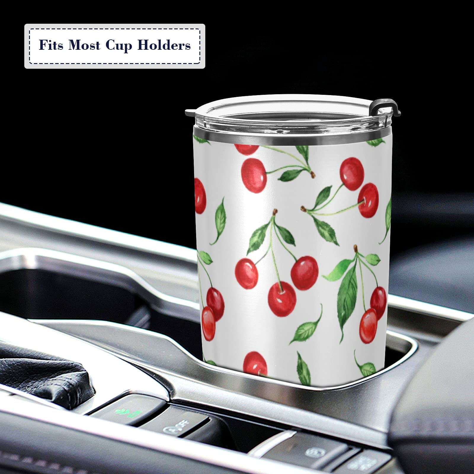 Yasala Tumbler Cherry Green Leaves Insulated Office Coffee Cup Back to School Beverage Container Travel Mug with Straw and Lid Double Wall Stainless Steel 20oz