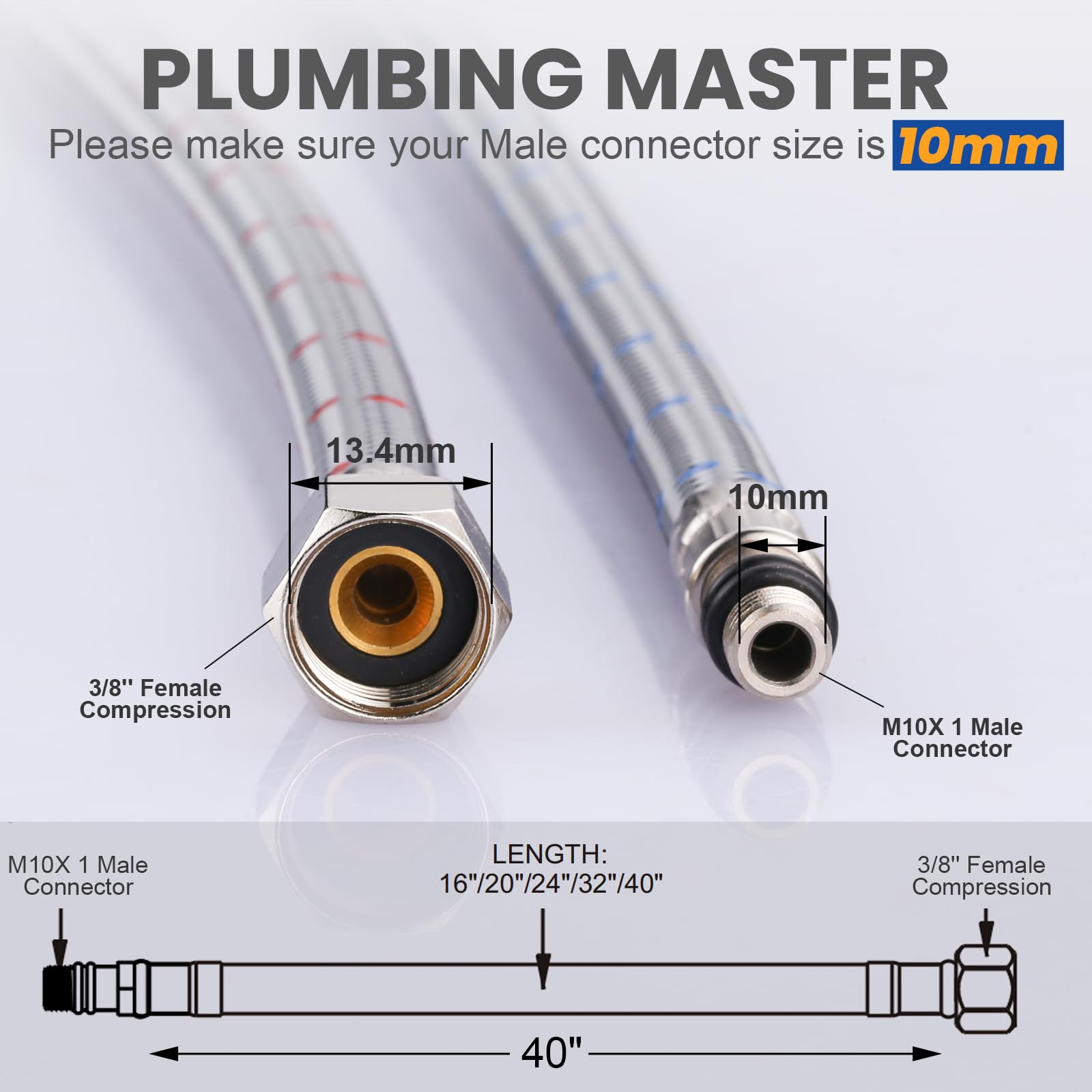 ARCORA 40" Bathroom Faucet Hose, Braided Nylon cUPC Supply Lines 3/8" Female Comp × M10 Male (1 Pair)