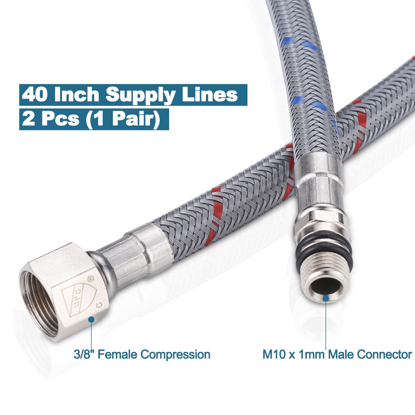 ARCORA 40" Bathroom Faucet Hose, Braided Nylon cUPC Supply Lines 3/8" Female Comp × M10 Male (1 Pair)