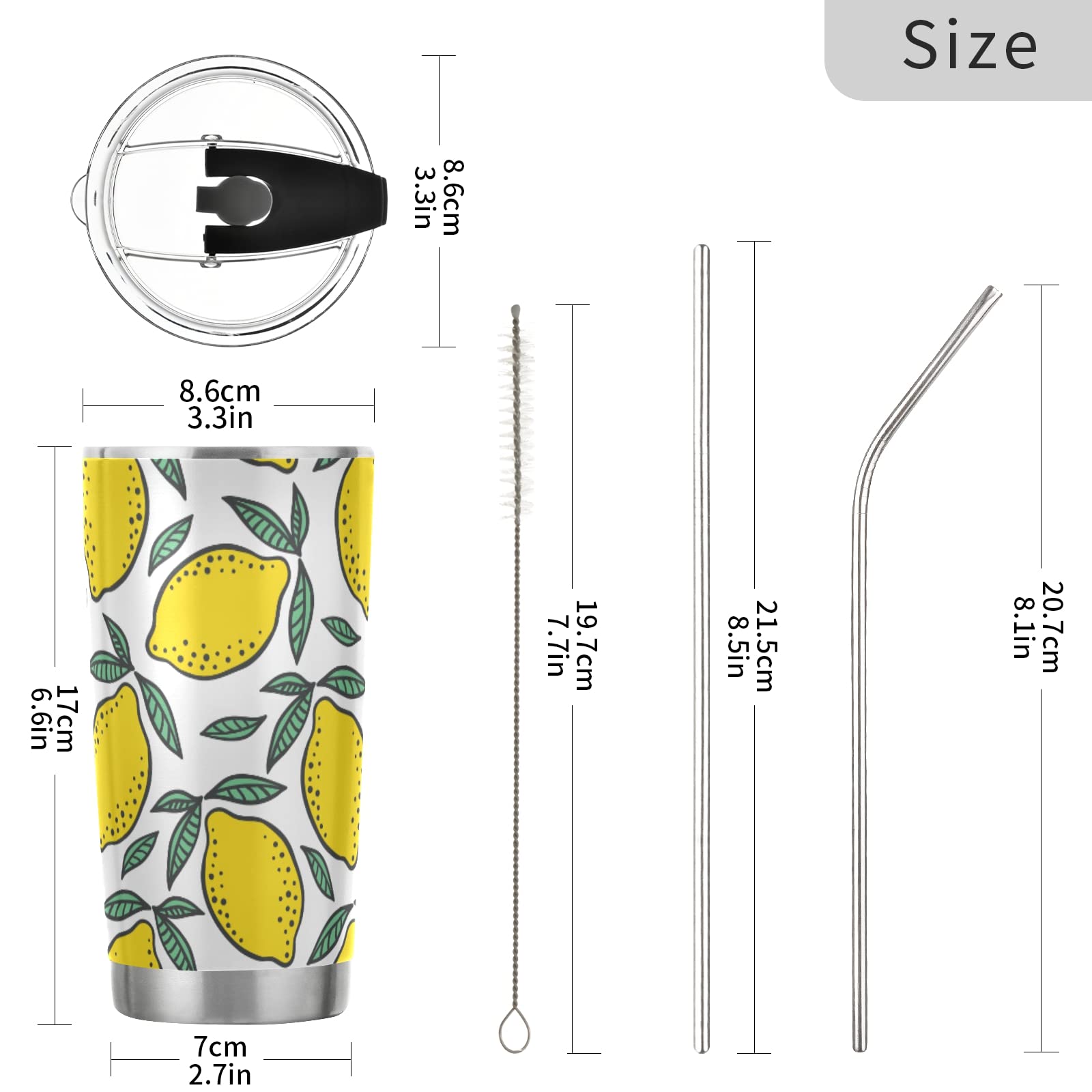 Yasala Tumbler Cute Lemon Pattern Insulated Office Coffee Cup Back to School Beverage Container Travel Mug with Straw and Lid Double Wall Stainless Steel 20oz