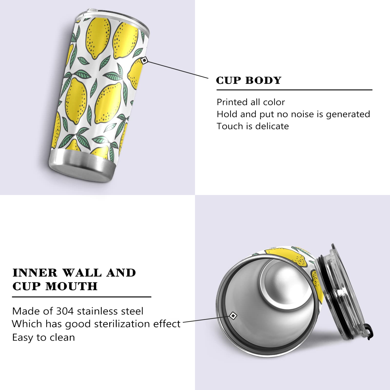 Yasala Tumbler Cute Lemon Pattern Insulated Office Coffee Cup Back to School Beverage Container Travel Mug with Straw and Lid Double Wall Stainless Steel 20oz
