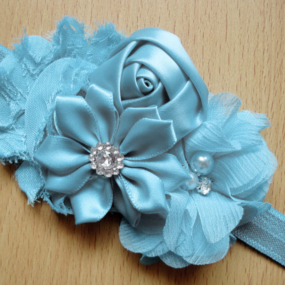 30 PCS Rhinestone Pearl Blue Chiffon Flower Sewing Fabric Appliques for Clothing, Headbands Flower, Crafts, Party Decoration, Sewing Applique