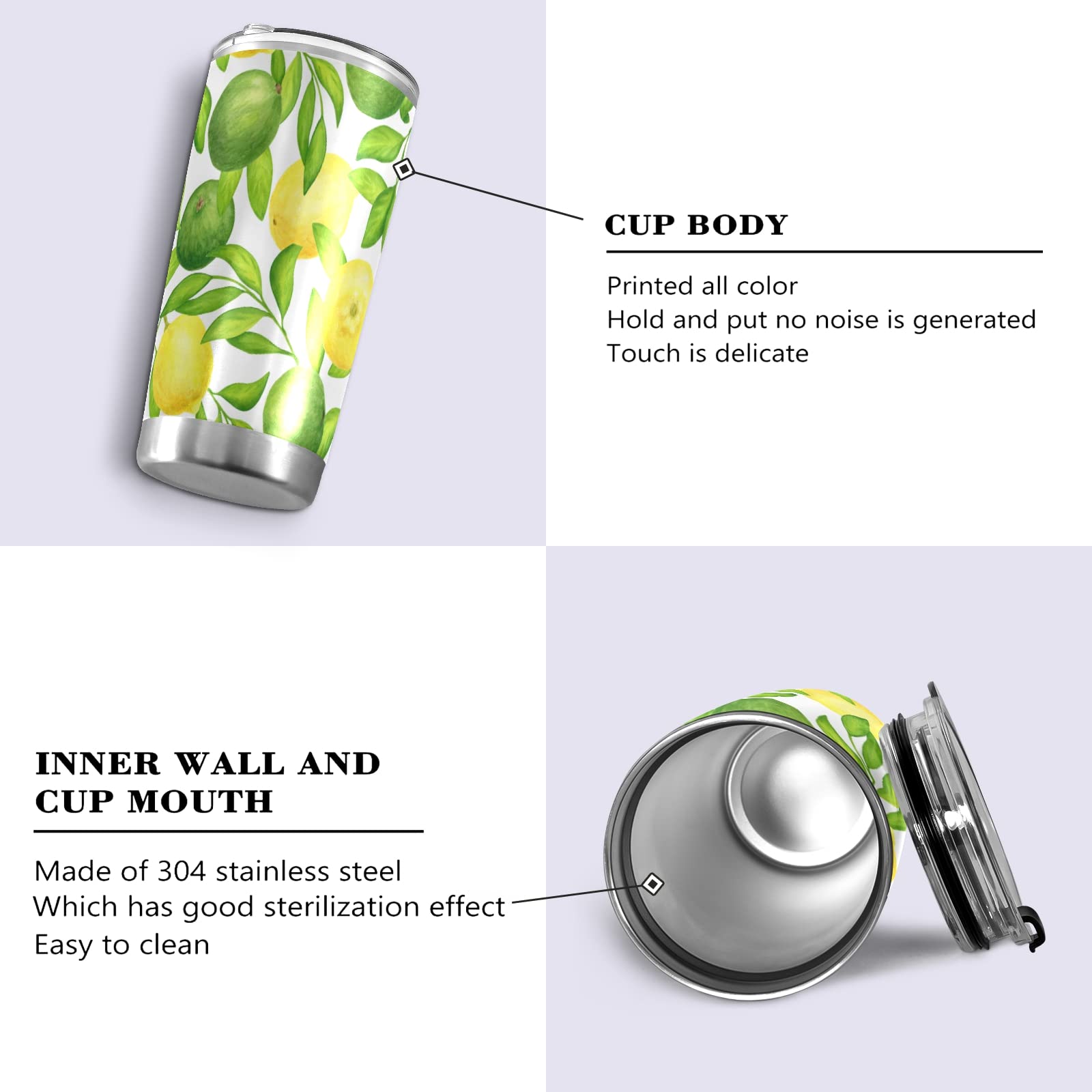 Yasala Tumbler Lemon Lime Watercolor Insulated Office Coffee Cup Back to School Beverage Container Travel Mug with Straw and Lid Double Wall Stainless Steel 20oz