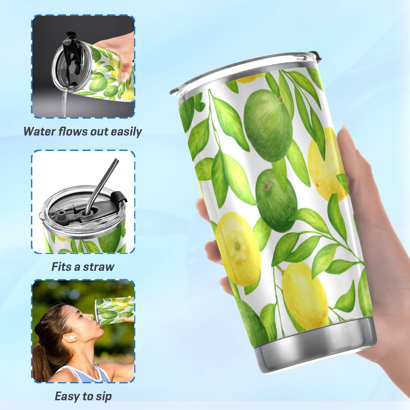 Yasala Tumbler Lemon Lime Watercolor Insulated Office Coffee Cup Back to School Beverage Container Travel Mug with Straw and Lid Double Wall Stainless Steel 20oz