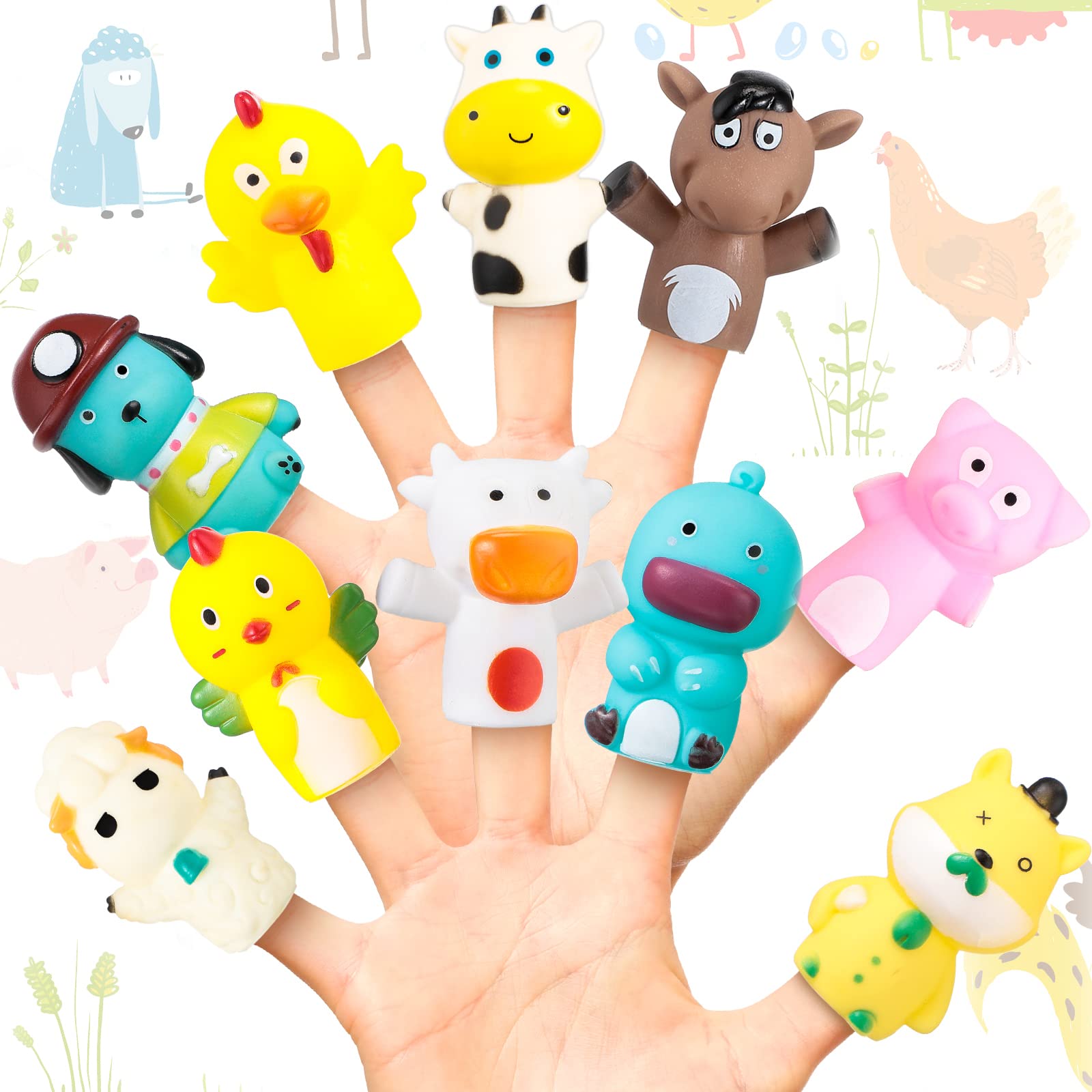 Chengu 10 Pcs Finger Puppets Rubber Farm Animal Finger Puppets Easter Basket Stuffers Egg Fillers Fun Bath Gifts Birthday Party Favors for Kids Toddlers Boys Girls