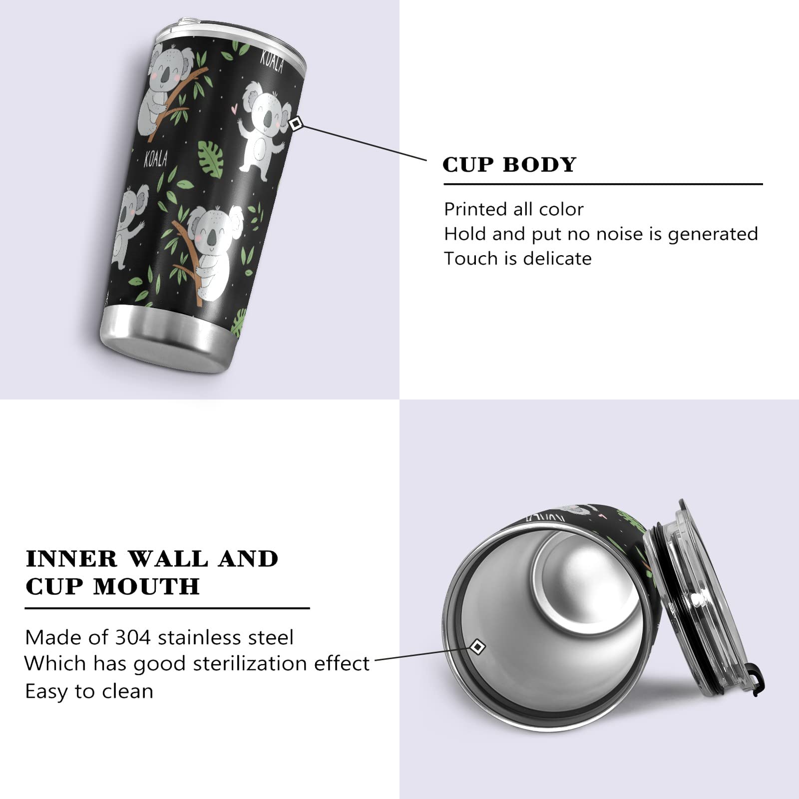 Yasala Tumbler Funny Koala Bear Summer Leaves Insulated Office Coffee Cup Back to School Beverage Container Travel Mug with Straw and Lid Double Wall Stainless Steel 20oz