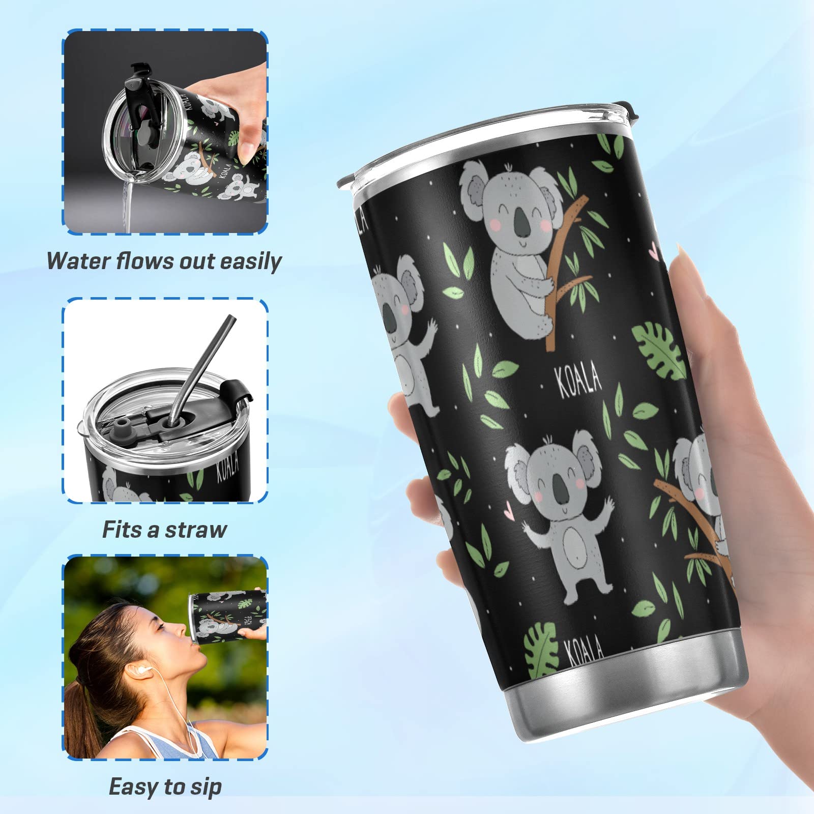 Yasala Tumbler Funny Koala Bear Summer Leaves Insulated Office Coffee Cup Back to School Beverage Container Travel Mug with Straw and Lid Double Wall Stainless Steel 20oz