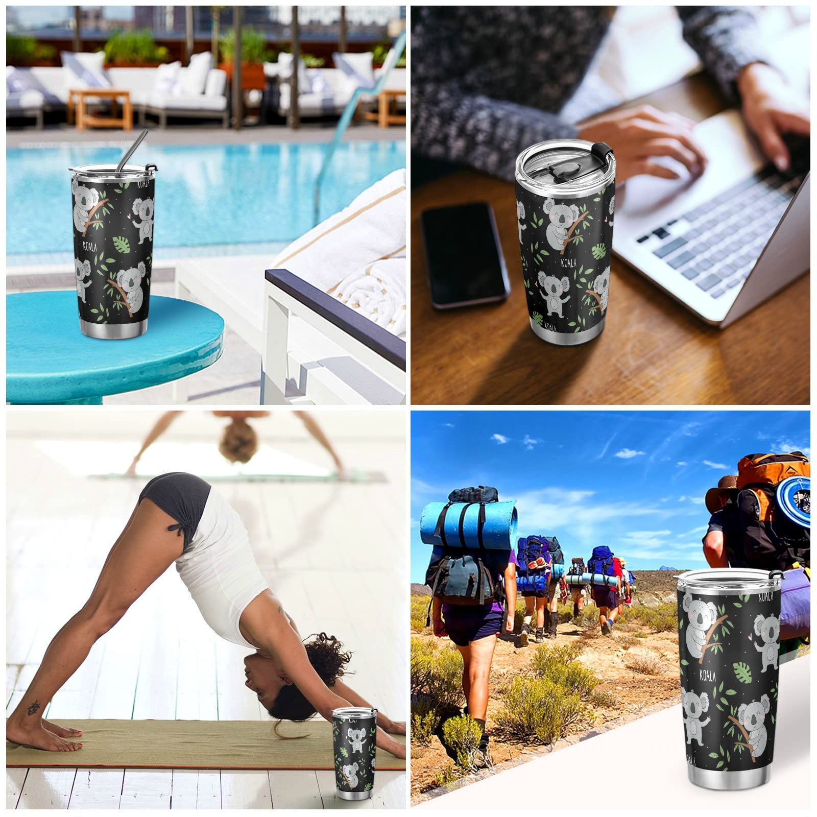 Yasala Tumbler Funny Koala Bear Summer Leaves Insulated Office Coffee Cup Back to School Beverage Container Travel Mug with Straw and Lid Double Wall Stainless Steel 20oz