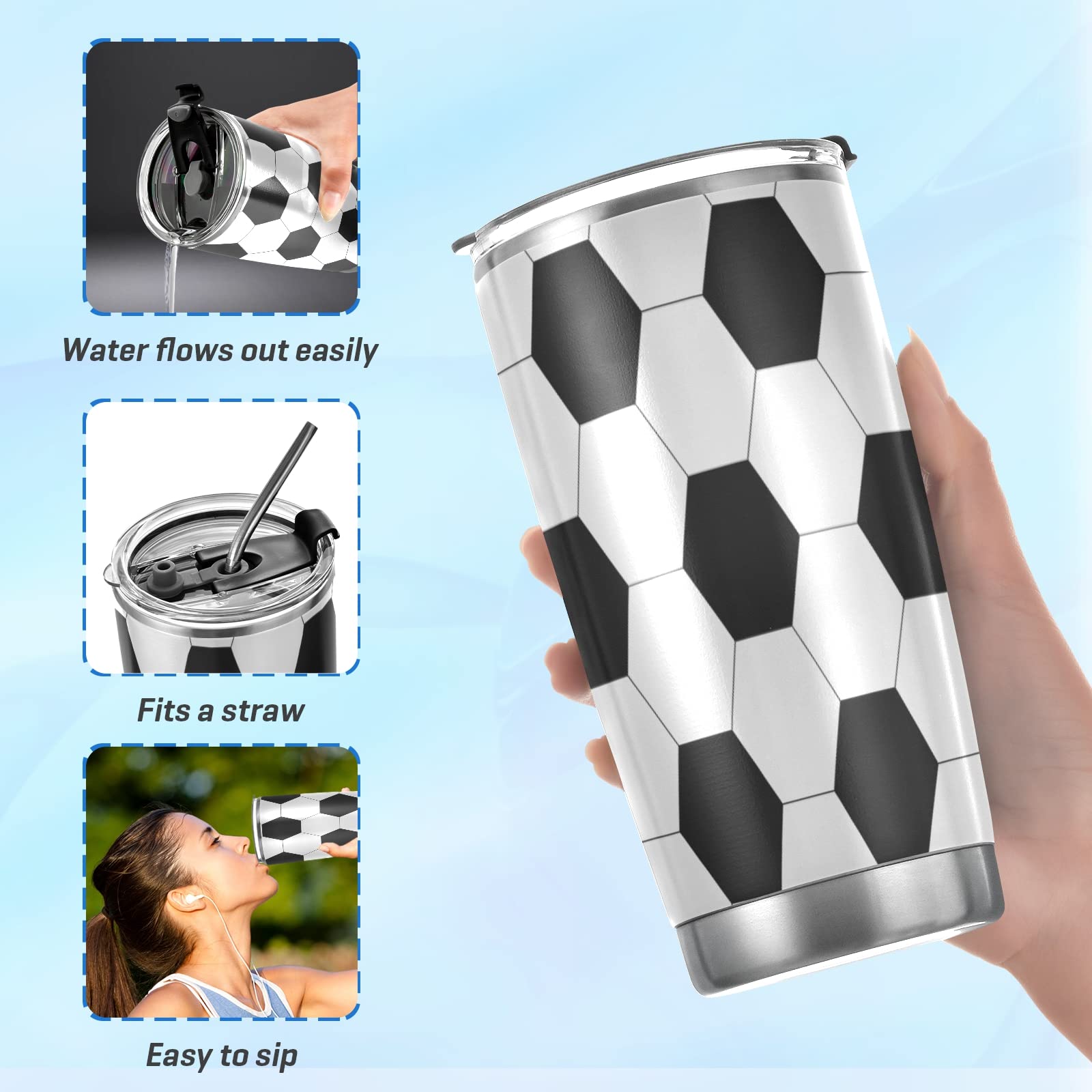 Yasala Tumbler Soccer Print Insulated Coffee Cup Beverage Container Travel Mug with Straw and Lid Double Wall Stainless Steel 20oz Holiday Gift